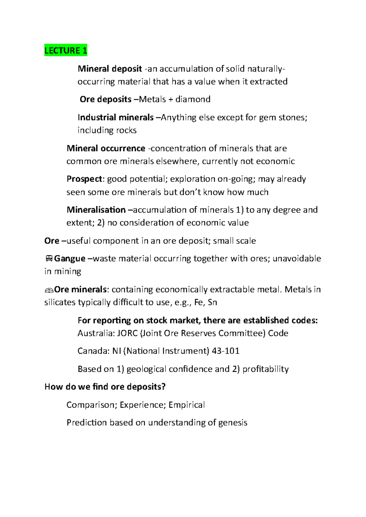 Ore Genesis Notes - LECTURE 1 Mineral deposit -an accumulation of solid ...
