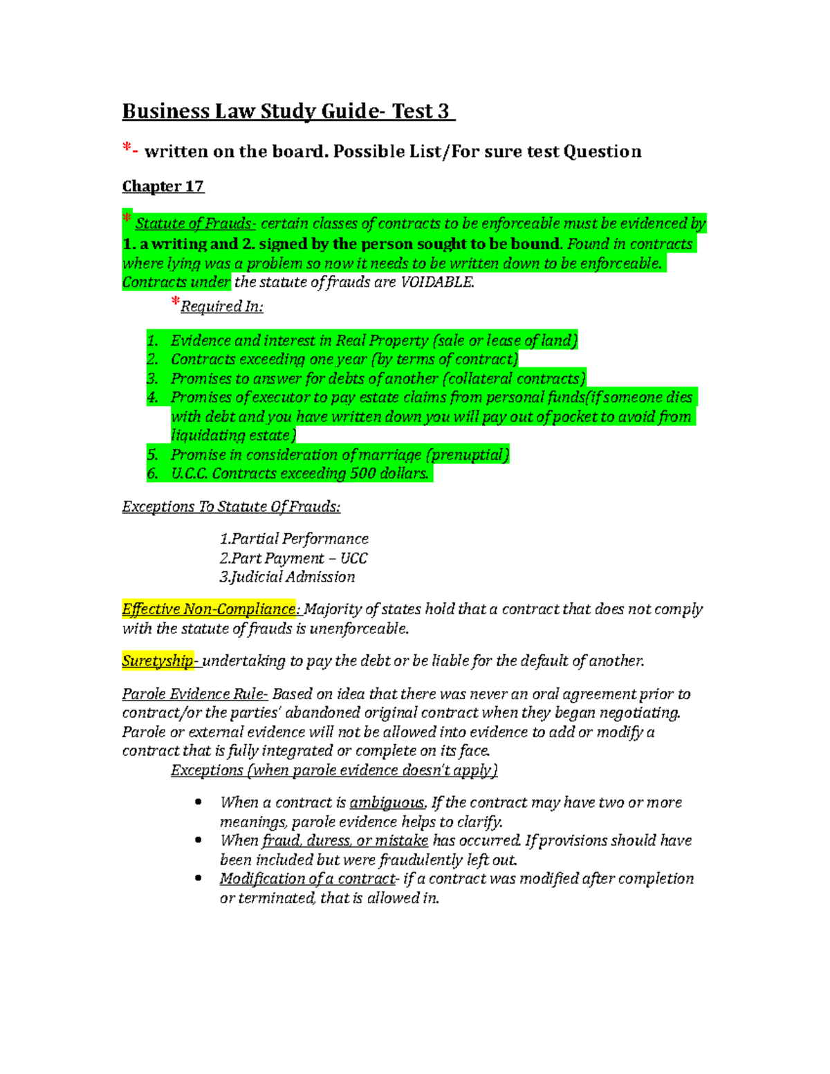 Guide 3-2 - Lecture notes 16-20 - Business Law Study Guide- Test 3 ...