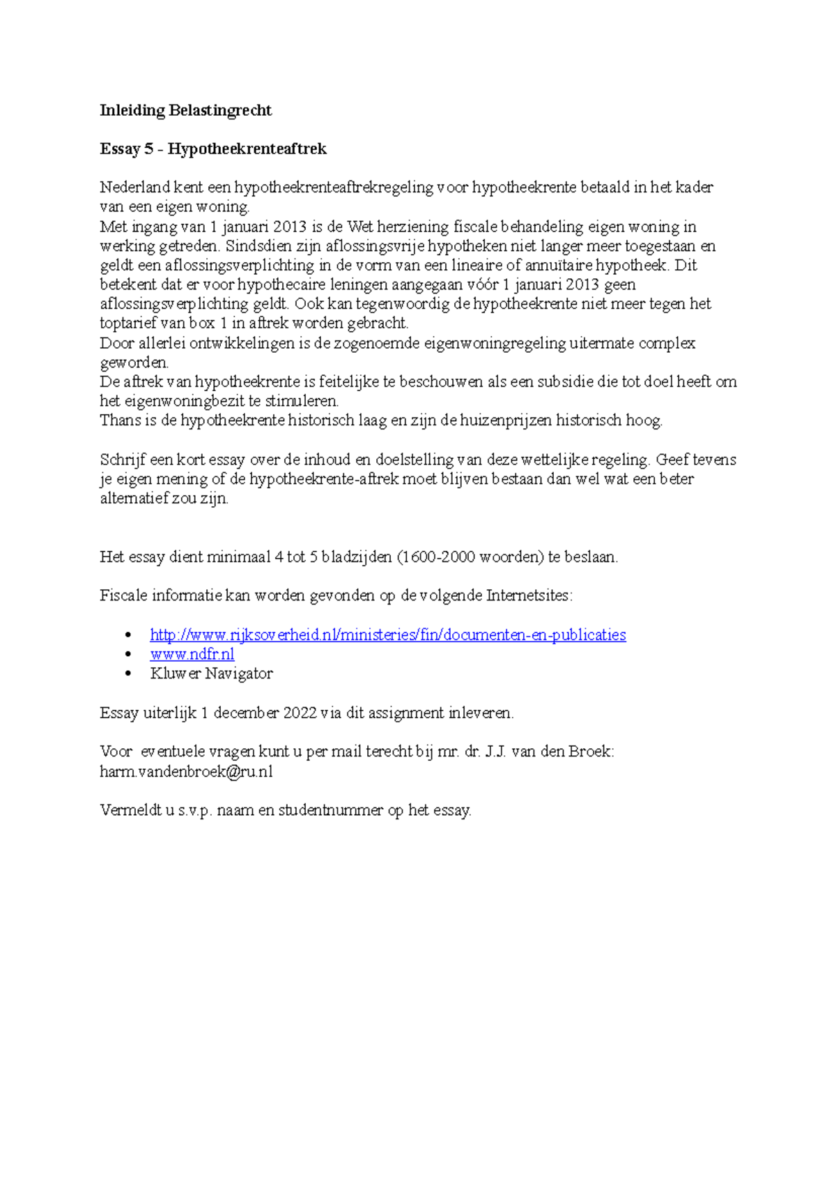Opdracht 5 Inleiding - Inleiding Belastingrecht Essay 5 ...