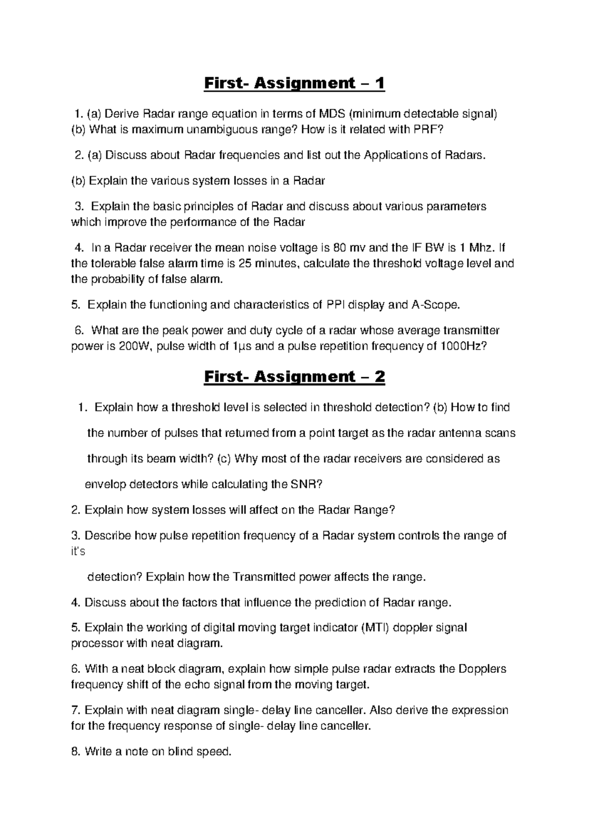 Hod assignment - First- Assignment – 1 (a) Derive Radar range equation in terms of MDS (minimum ...