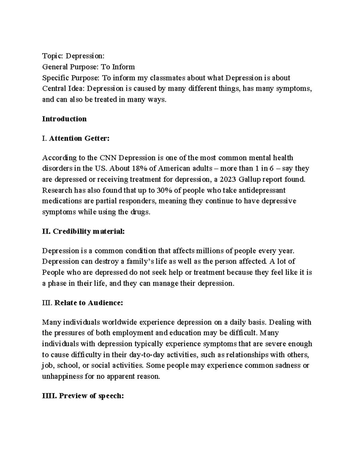 Depression to inform - Topic: Depression: General Purpose: To Inform ...