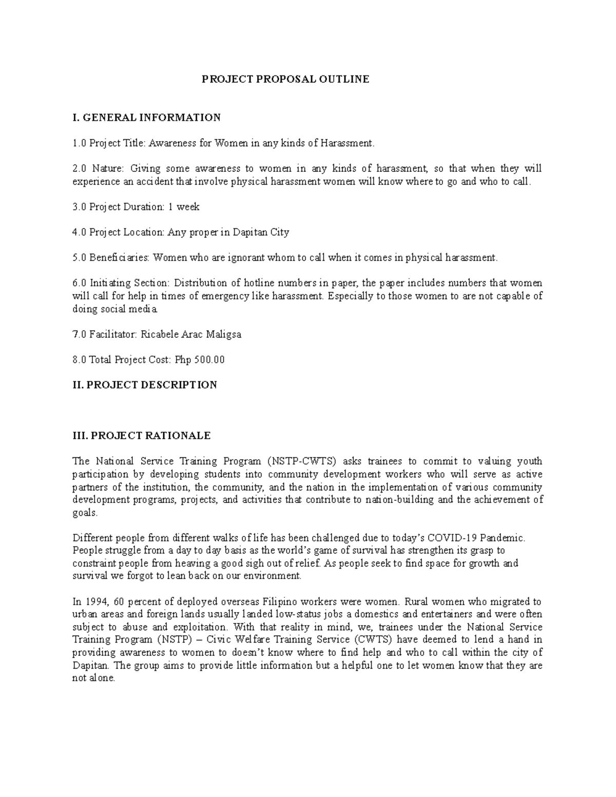 NSTP Project Proposal NEW - PROJECT PROPOSAL OUTLINE I. GENERAL ...