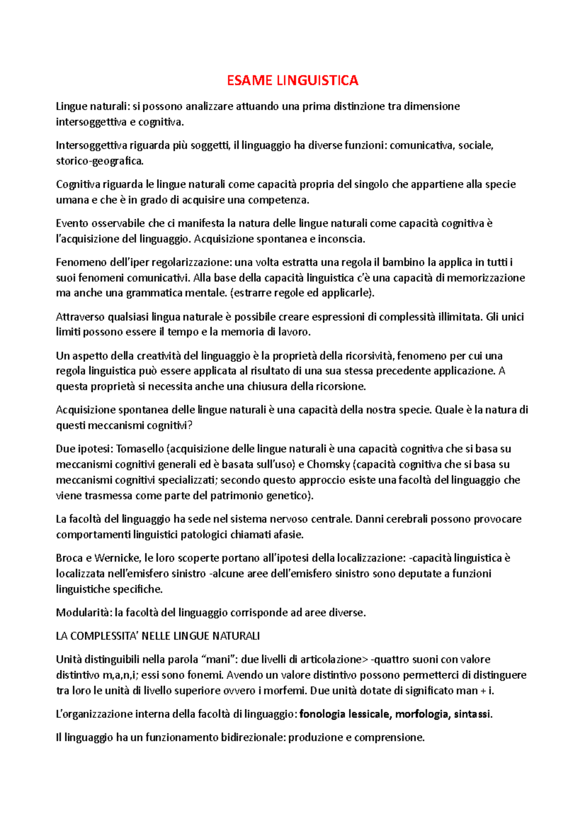 Esame Linguistica - appunti - ESAME LINGUISTICA Lingue naturali: si ...