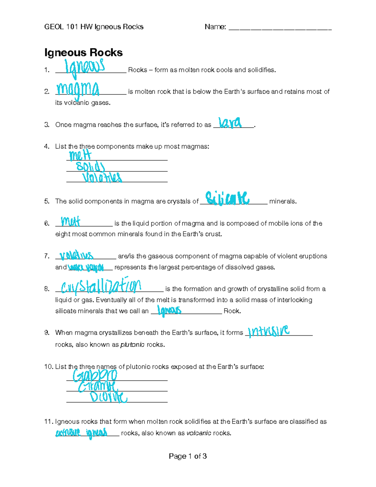 HW 3 Igneous Rocks upload - GEOL 101 HW Igneous Rocks Name ...