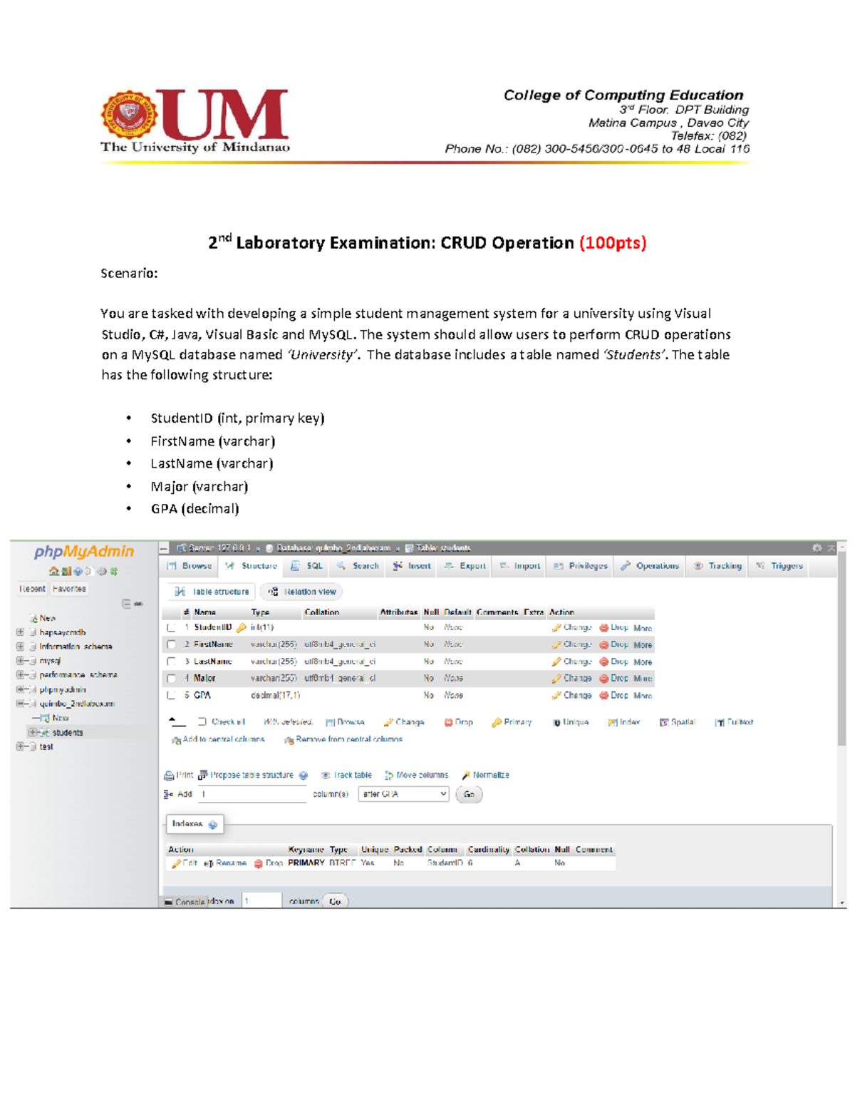 Quimbo 2nd Lab Exam - lab exam - 2 nd Laboratory Examination: CRUD ...