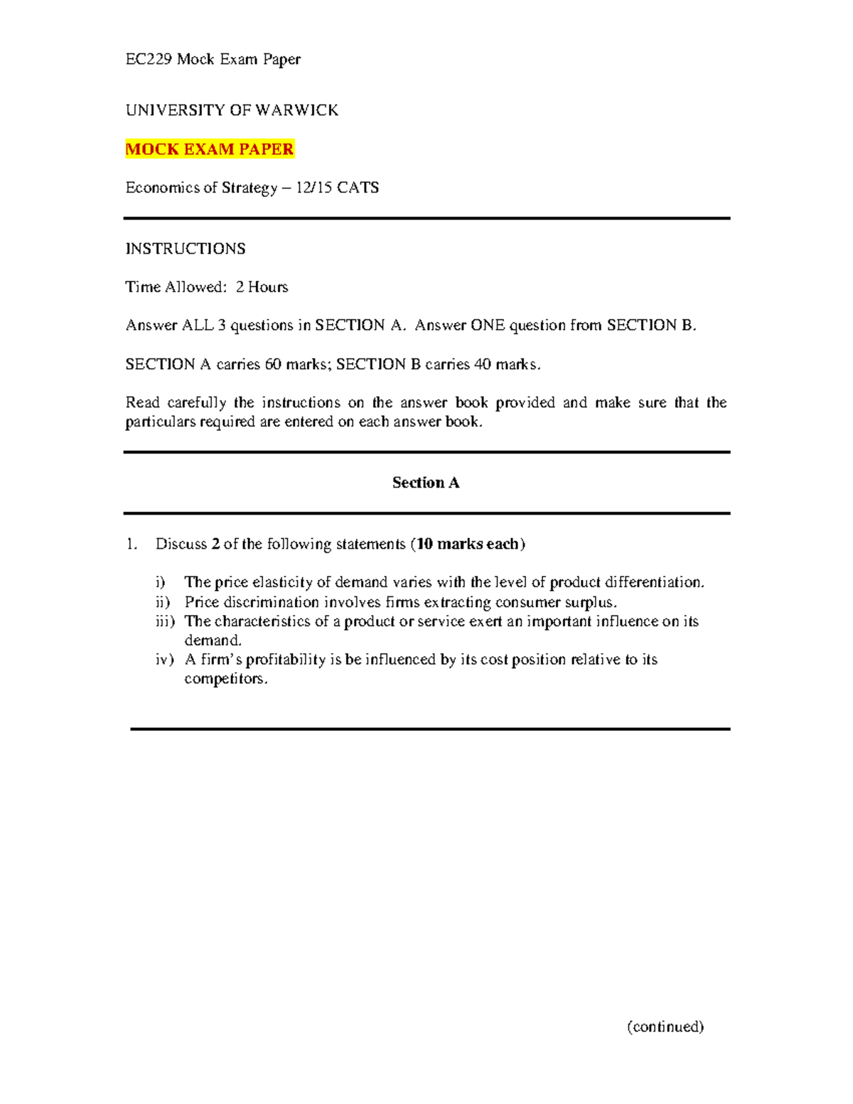 Mock Exam Paper - Answer ONE question from SECTION B. SECTION A carries ...