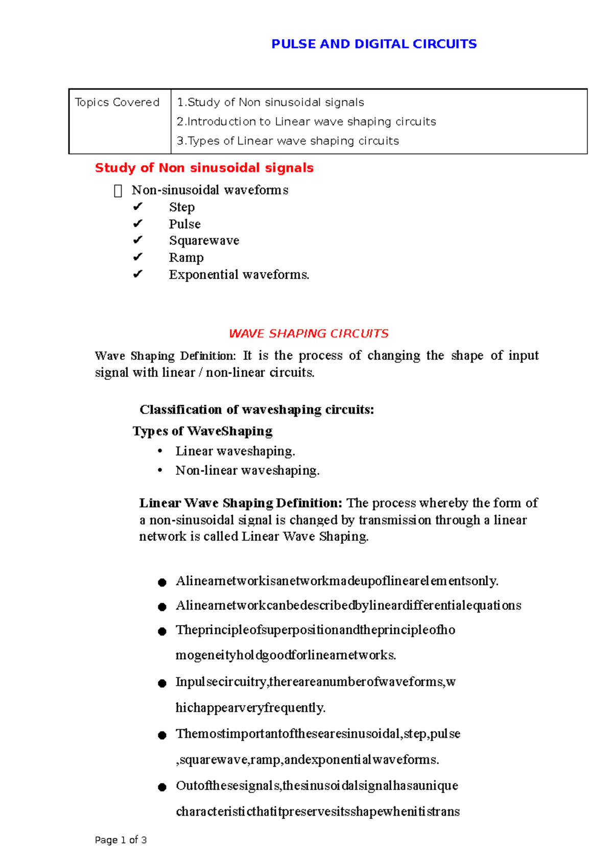 Introduction to Linear wave shaping circuits - PULSE AND DIGITAL CIRCUITS Topics Covered 1 of ...