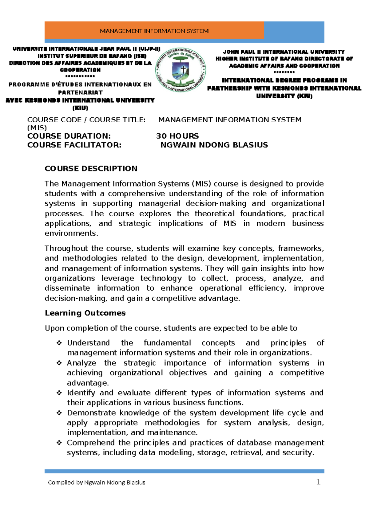 Management Information Systems lecture notes - UNIVERSITE ...