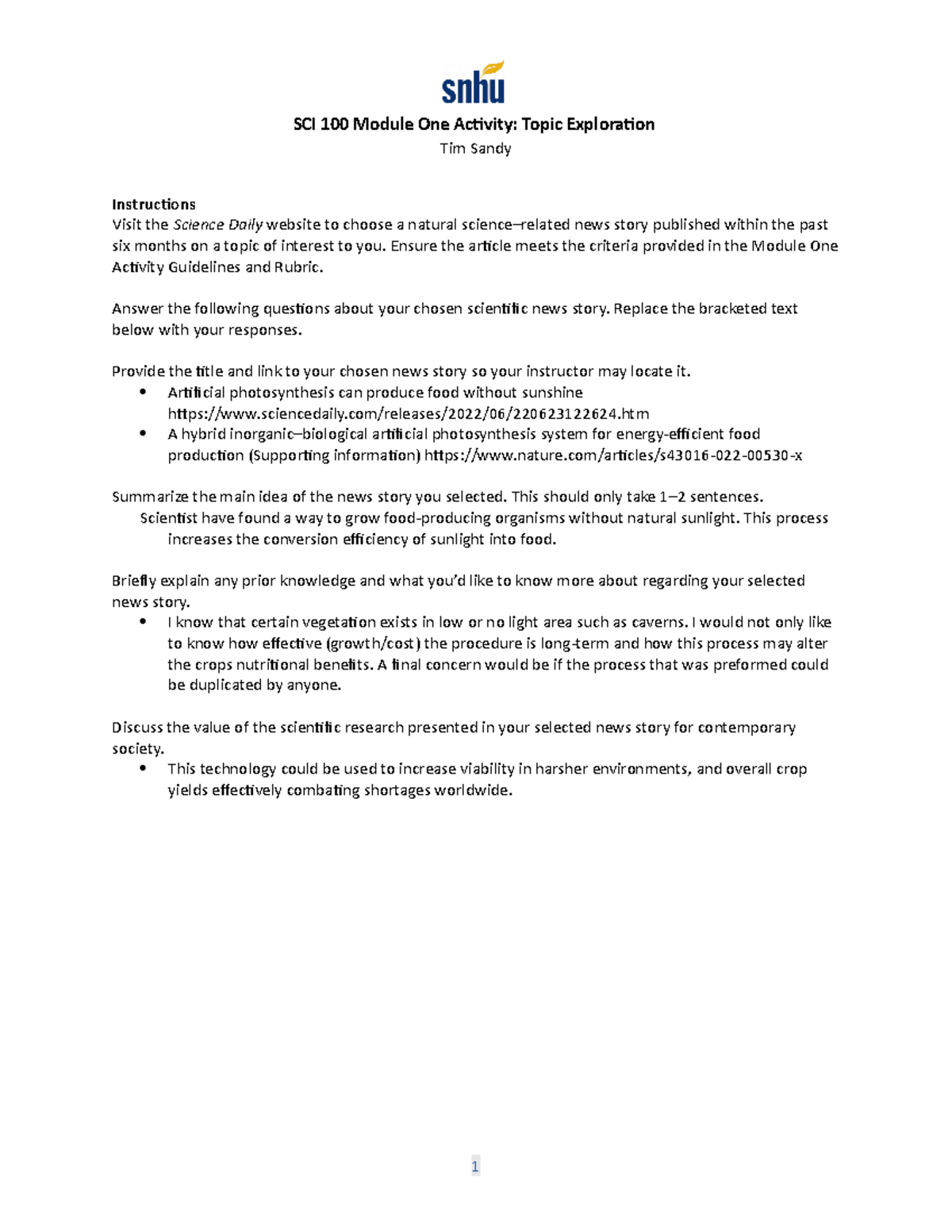 SCI 100 Module One Activity - Ensure the article meets the criteria ...