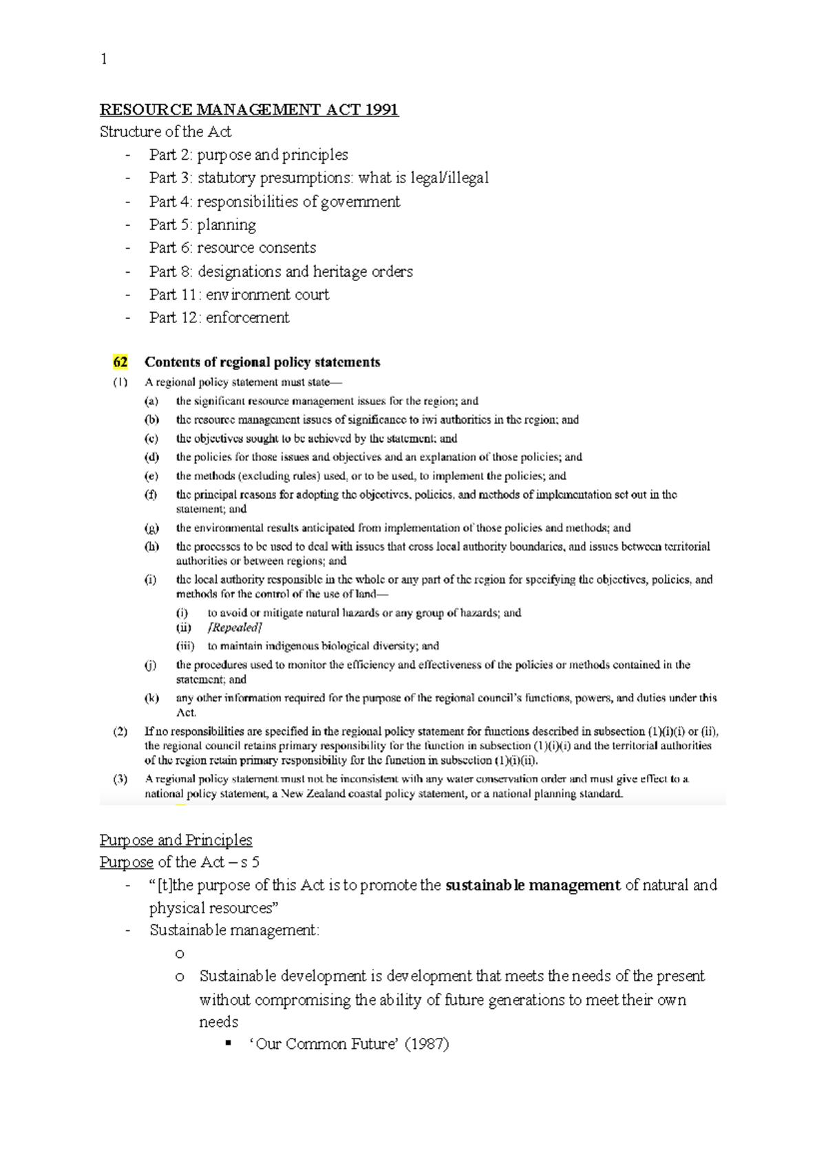 RMA Study notes - RESOURCE MANAGEMENT ACT 1991 Structure of the Act ...