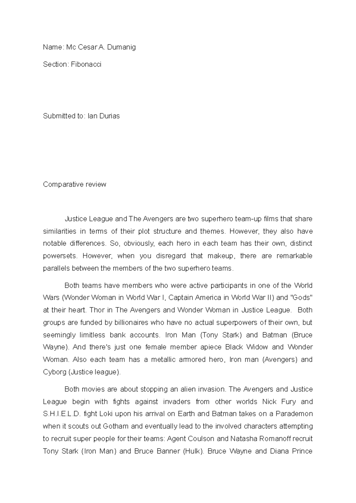 Comparative Review sa justice league og avengers - Name: Mc Cesar A ...