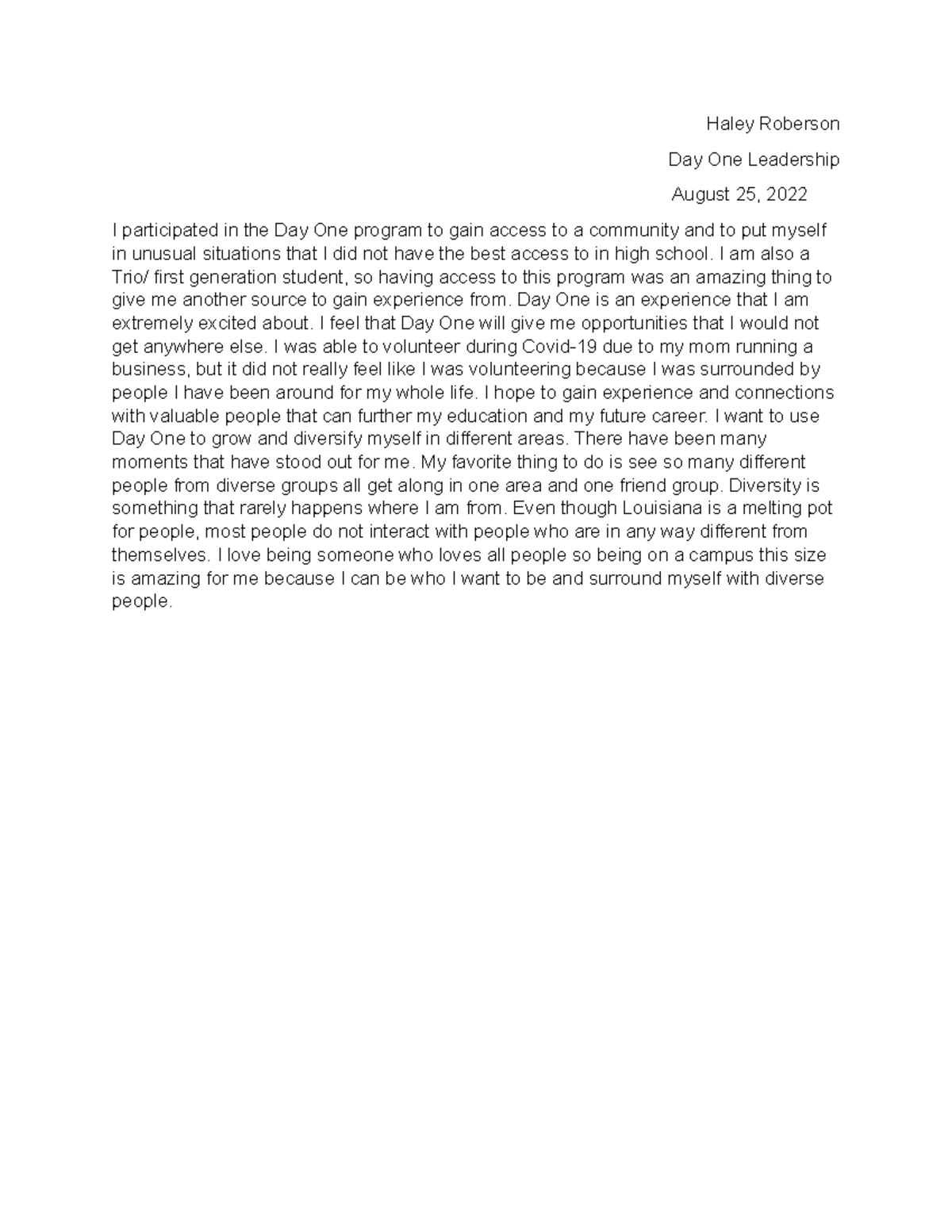 Reflection 1- Day One Leader - Haley Roberson Day One Leadership August ...