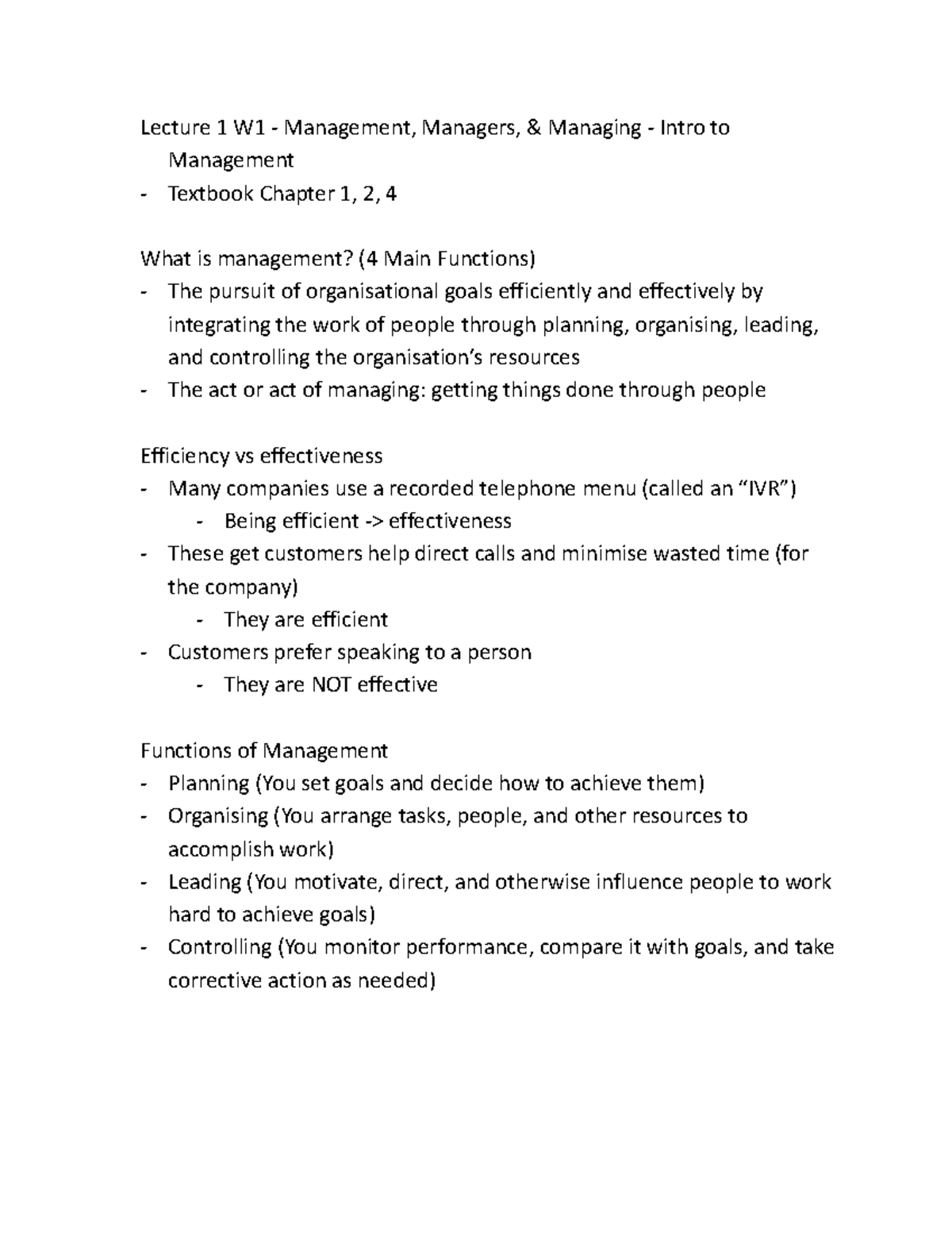 MGMT1002 - hjnjnjn - Lecture 1 W1 - Management, Managers, & Managing ...