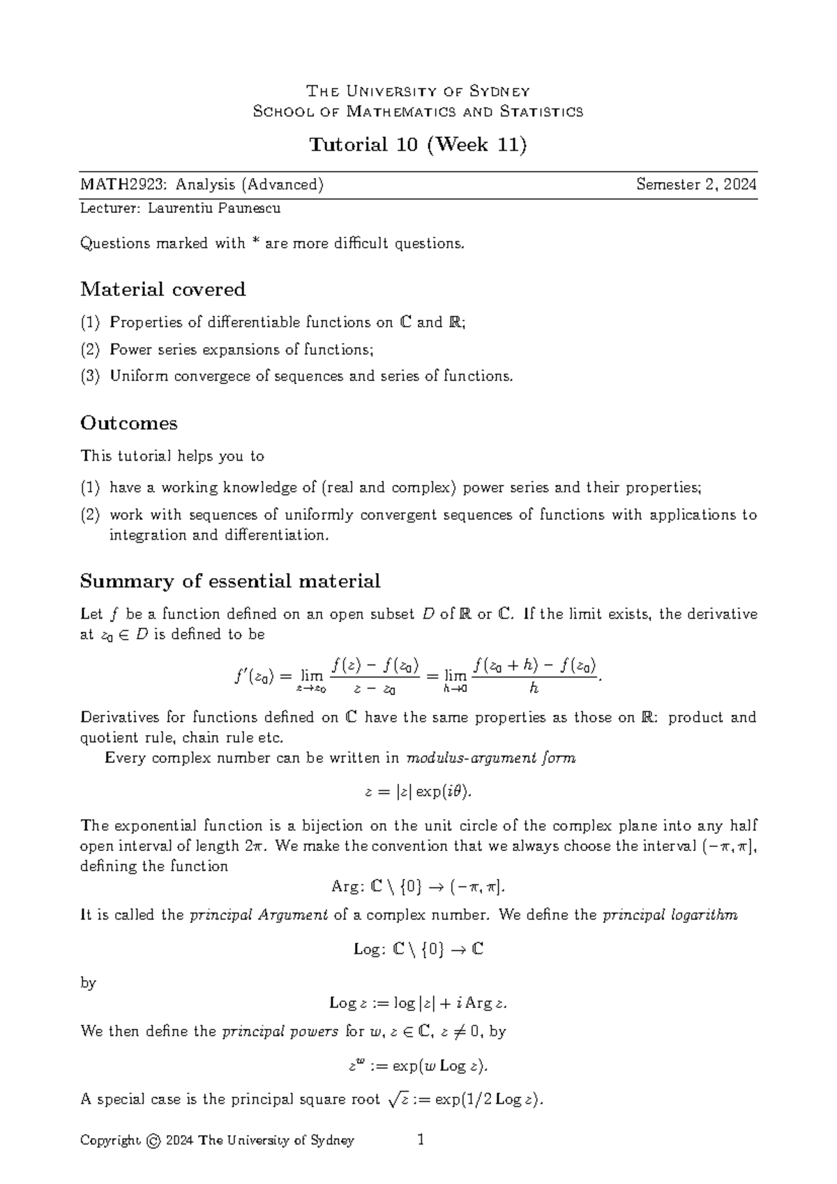 Tut10 - Tute 10 work - The University of Sydney School of Mathematics and Statistics Tutorial 10 ...