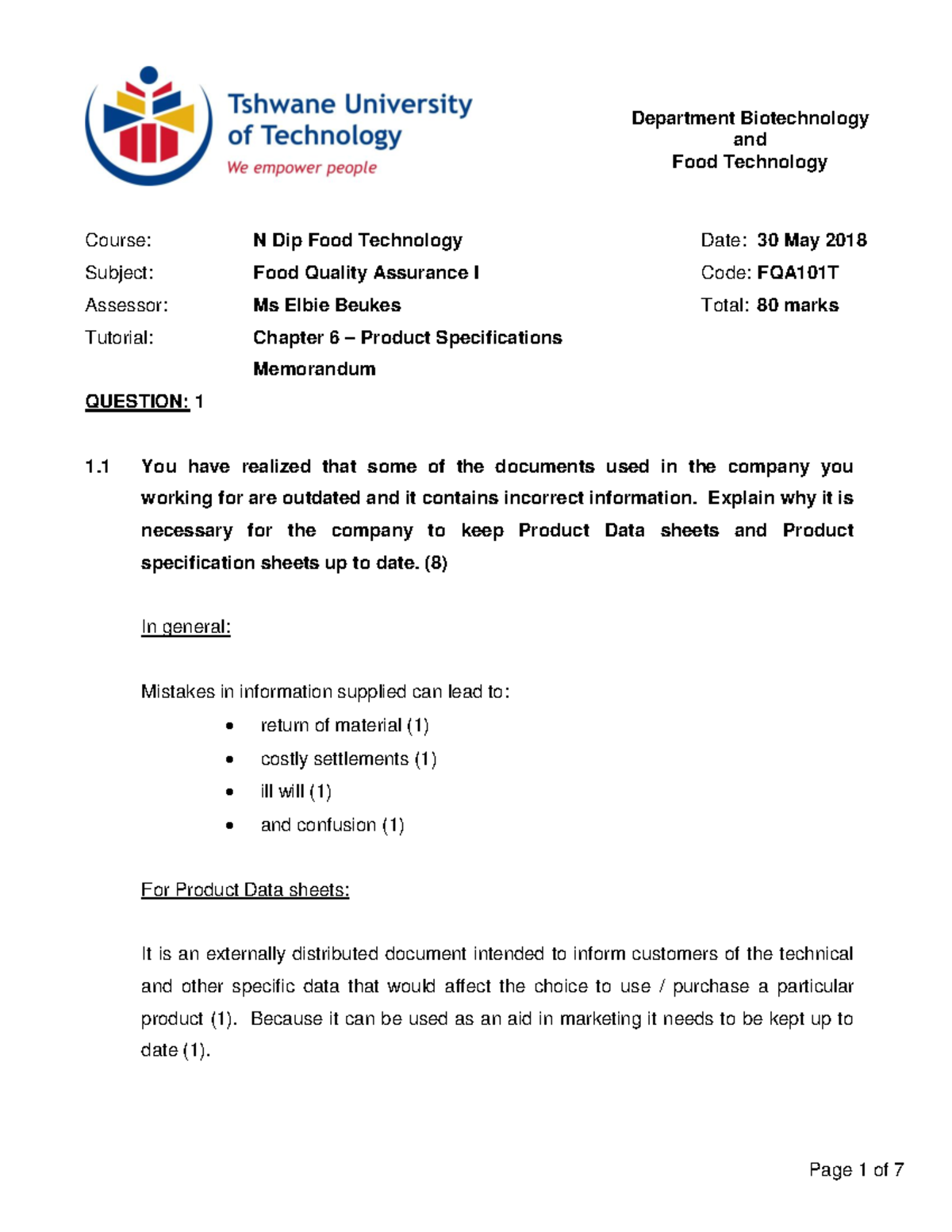 Tutorial Chapter 6 - Memorandum - 2018 - Course: N Dip Food Technology Date: 30 May 2018 Subject ...