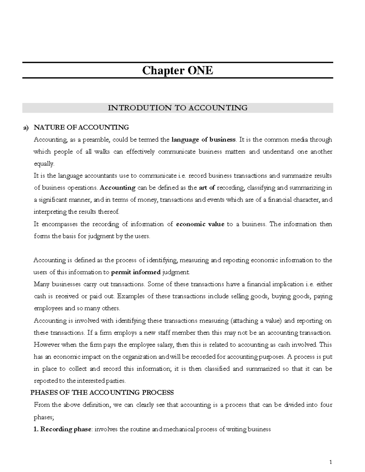Financial Accounting Notes - Chapter ONE INTRODUTION TO ACCOUNTING a ...