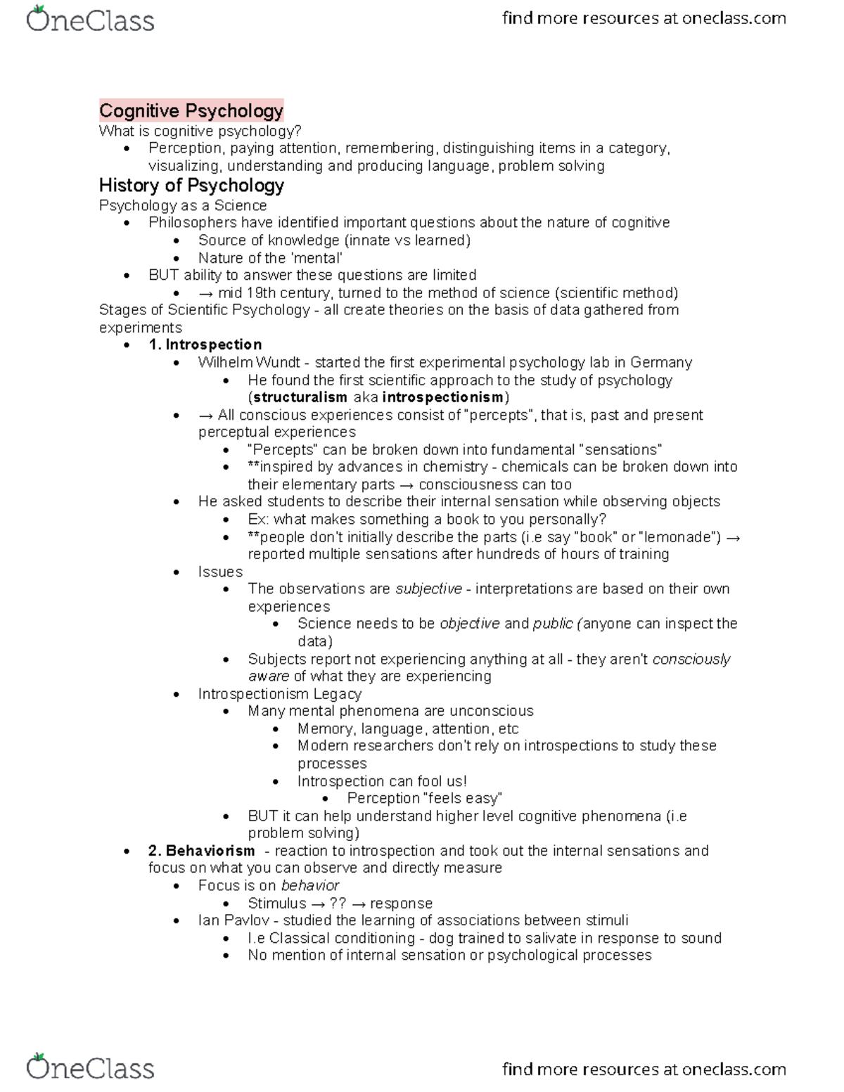 Lecture 1 Find More Resources At Oneclass Cognitive Psychology What Is Cognitive Psychology