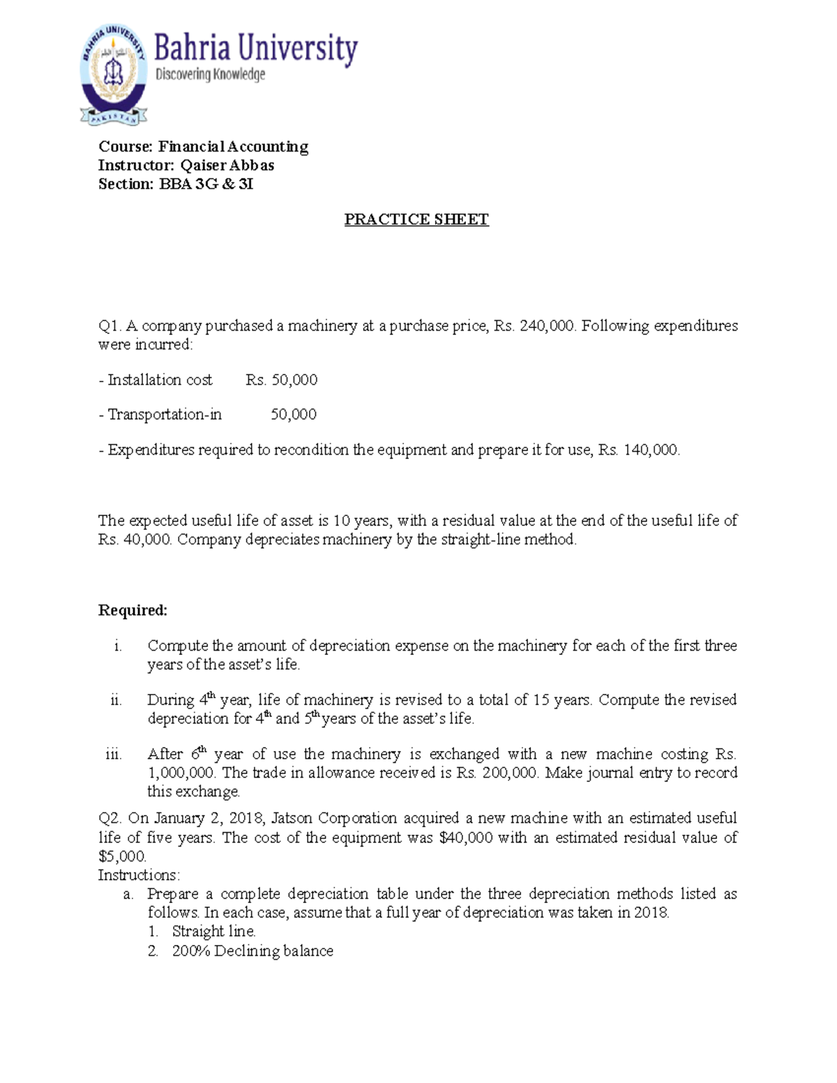 Practice sheet of accounting for midterm - Course: Financial Accounting ...