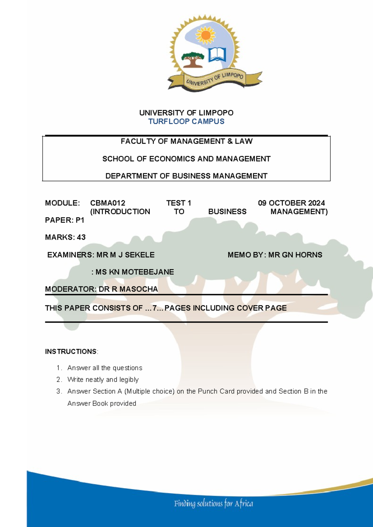 CBMA012 TEST 1 2023 MEMO - UNIVERSITY OF LIMPOPO TURFLOOP CAMPUS ...