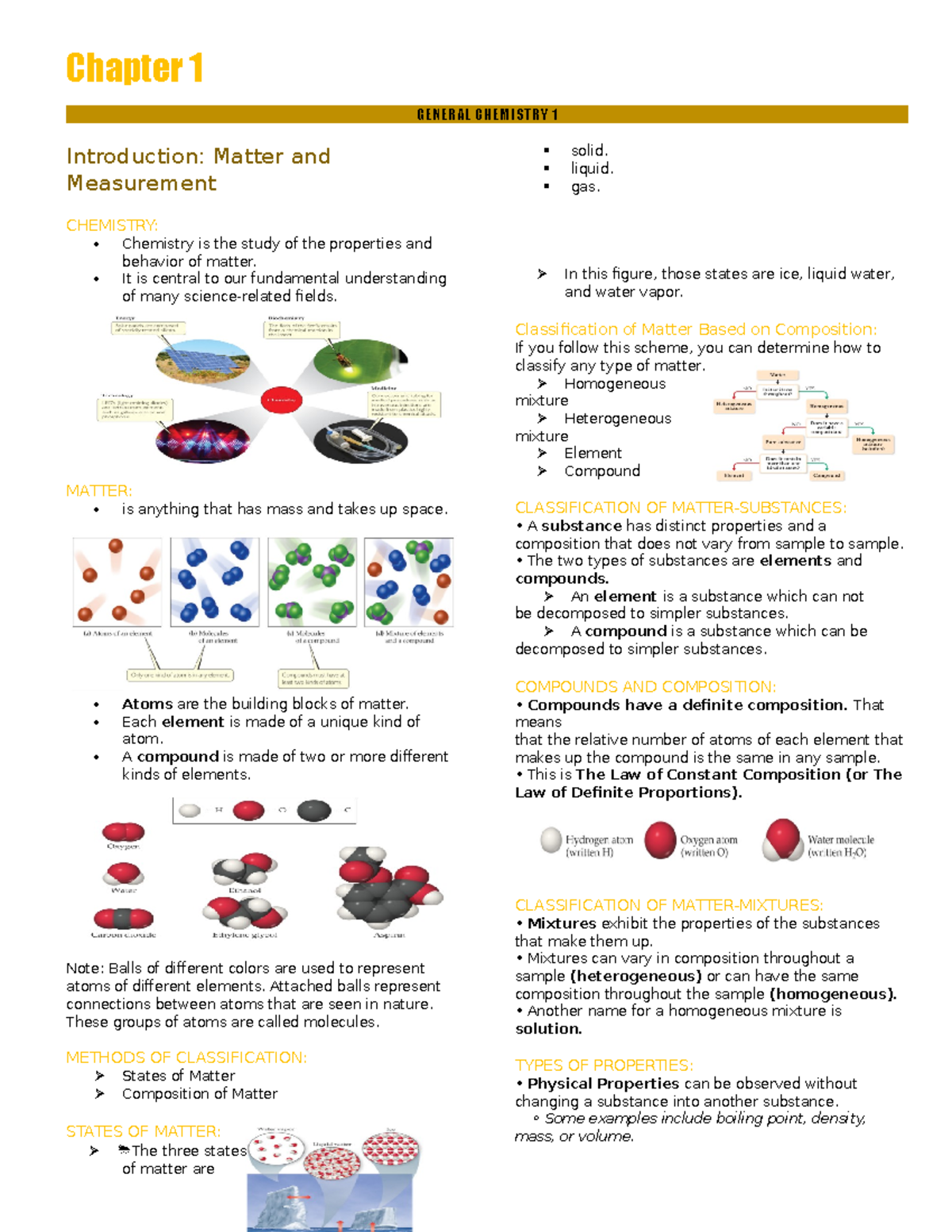 Chemistry - notes - Chapter 1 GENERAL CHEMISTRY 1 Introduction: Matter ...