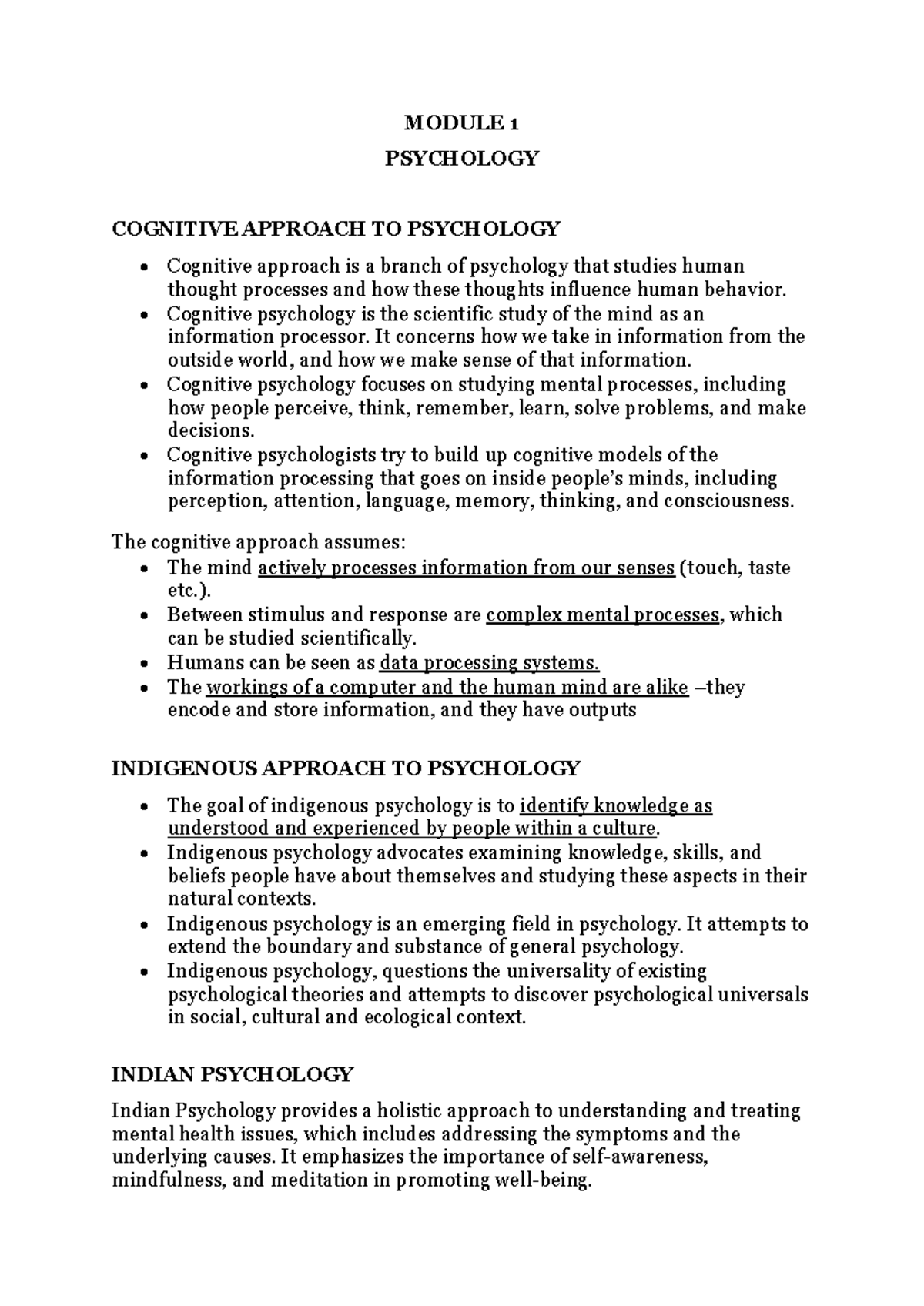 Basic Psych Notes - This - MODULE 1 PSYCHOLOGY COGNITIVE APPROACH TO ...