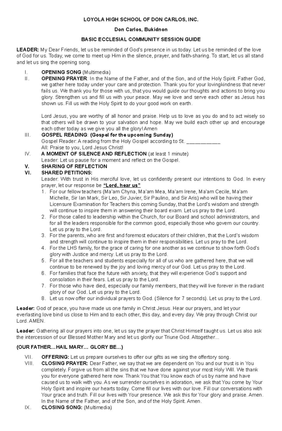 BEC- Guide - Notes - LOYOLA HIGH SCHOOL OF DON CARLOS, INC. Don Carlos ...