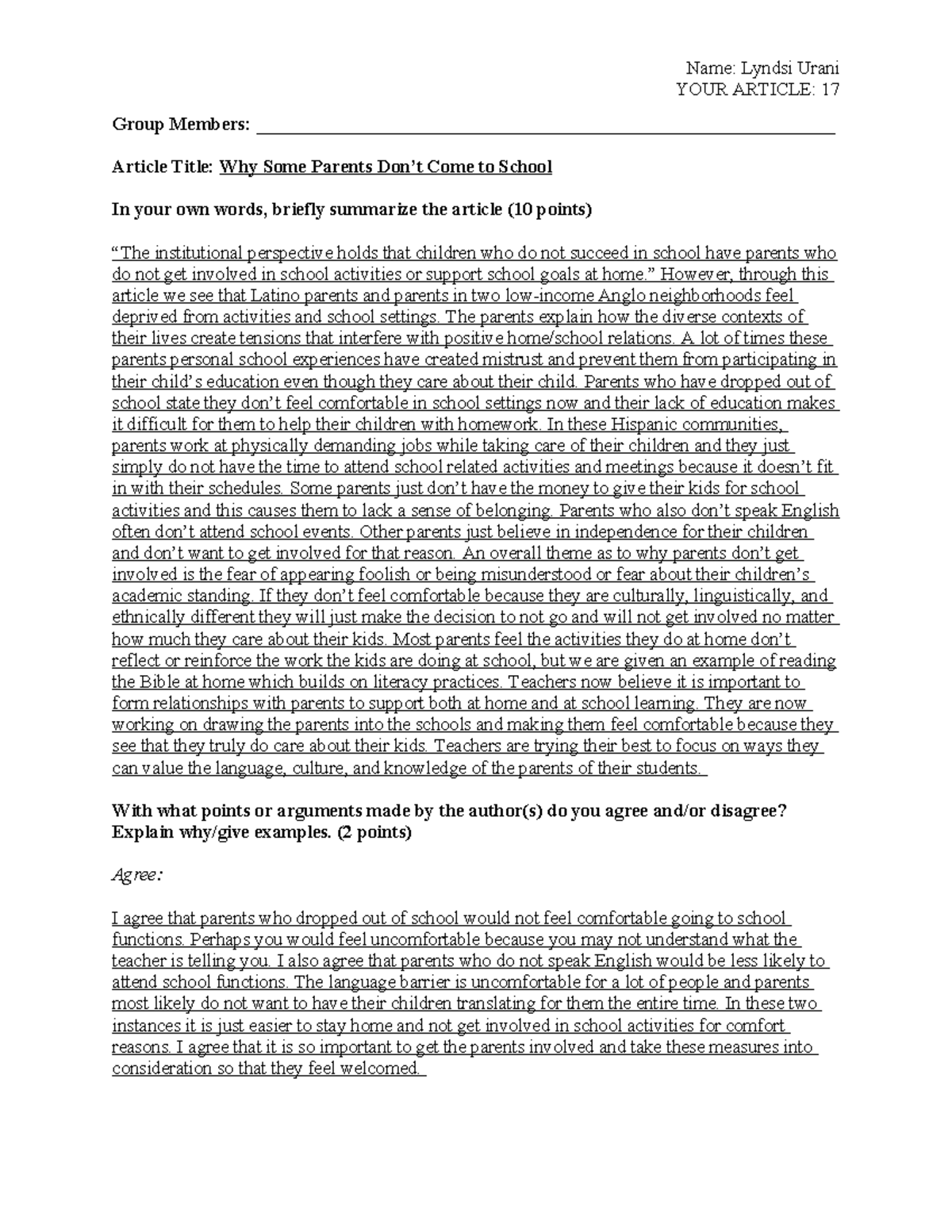Article Review Form - Name: Lyndsi Urani YOUR ARTICLE: 17 Group Members ...