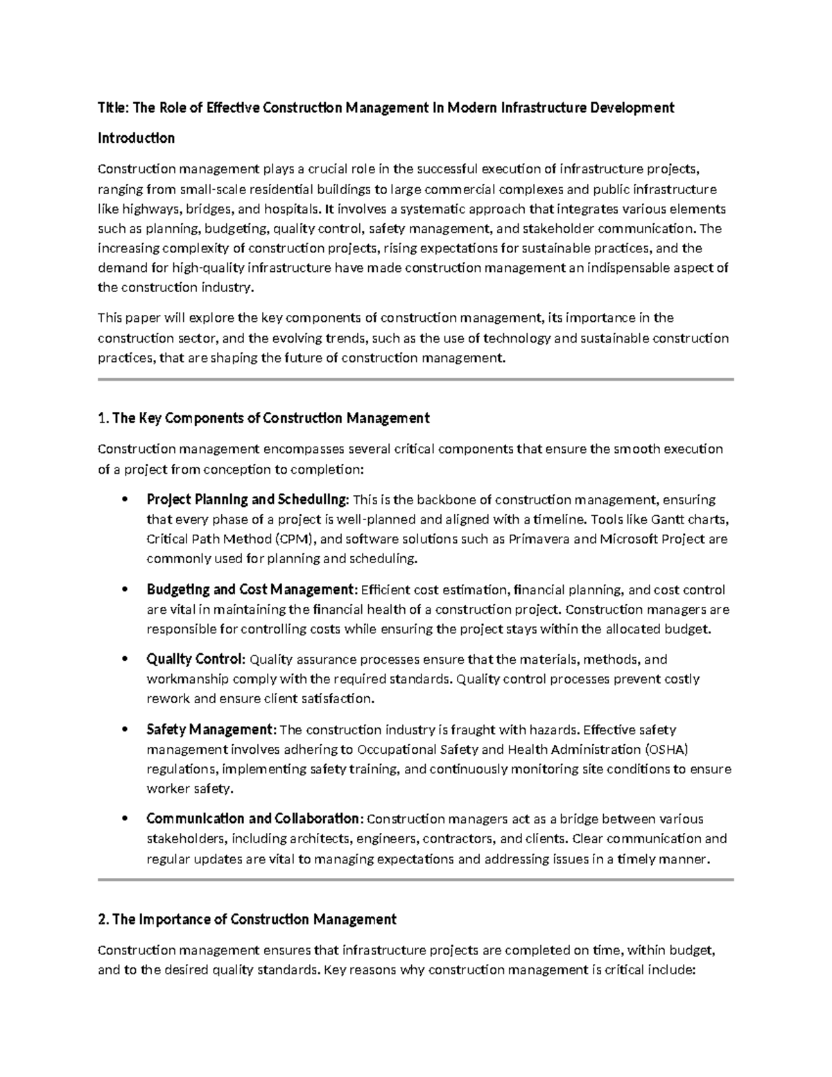 Title 2 - Essay - Title: The Role of Effective Construction Management ...