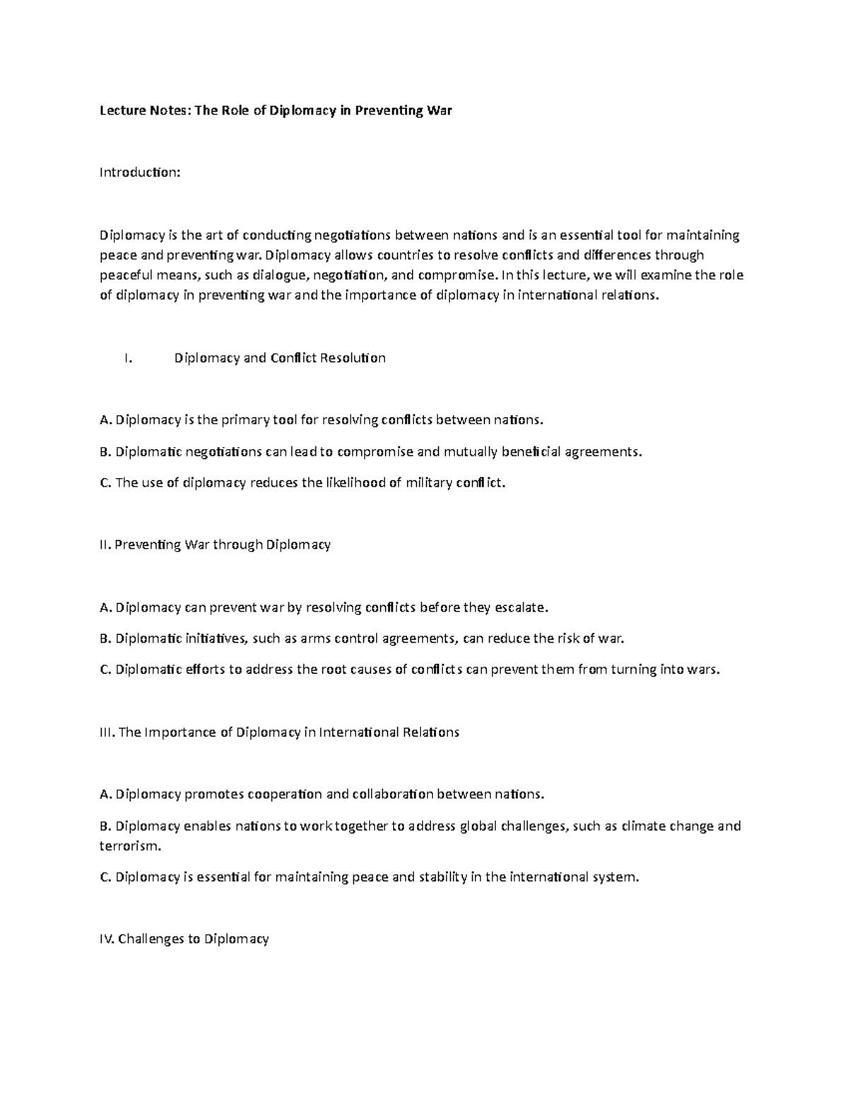 Lecture Notes: The Role of Diplomacy in Preventing War - Lecture Notes ...