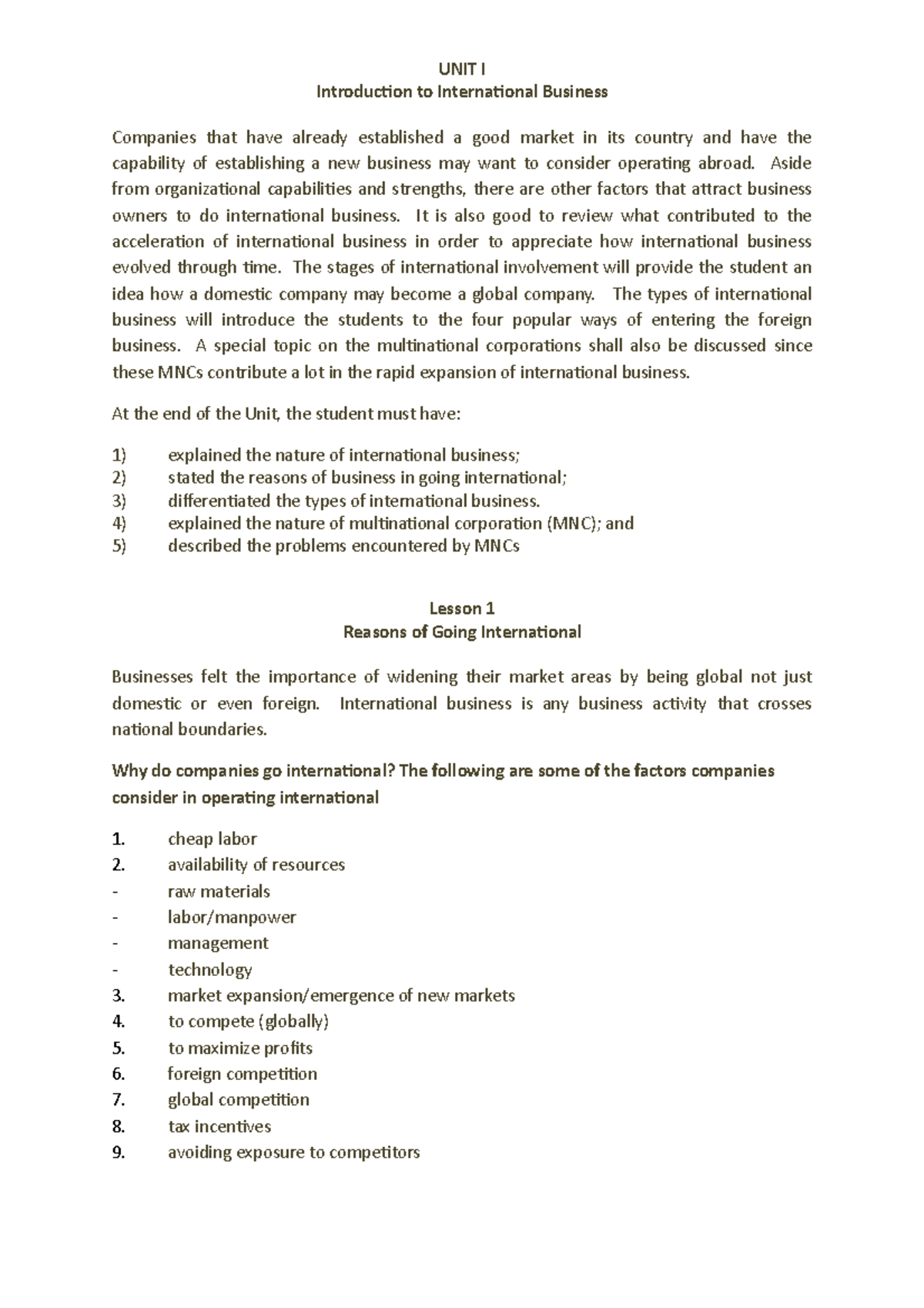 UNIT I - Introduction to International Business - UNIT I Introducion to ...