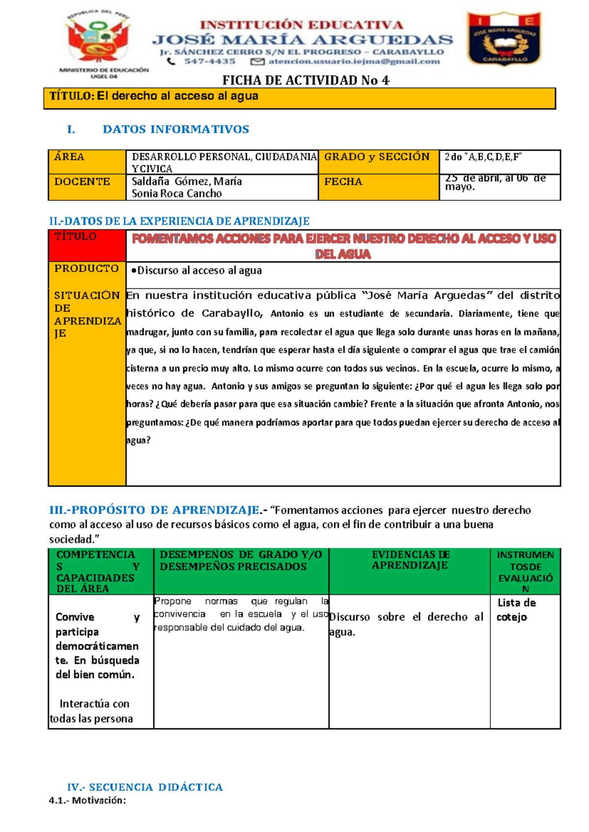 Ficha de aprendizaje 2do dpcc agua - FICHA DE ACTIVIDAD No 4 TÕTULO: El ...