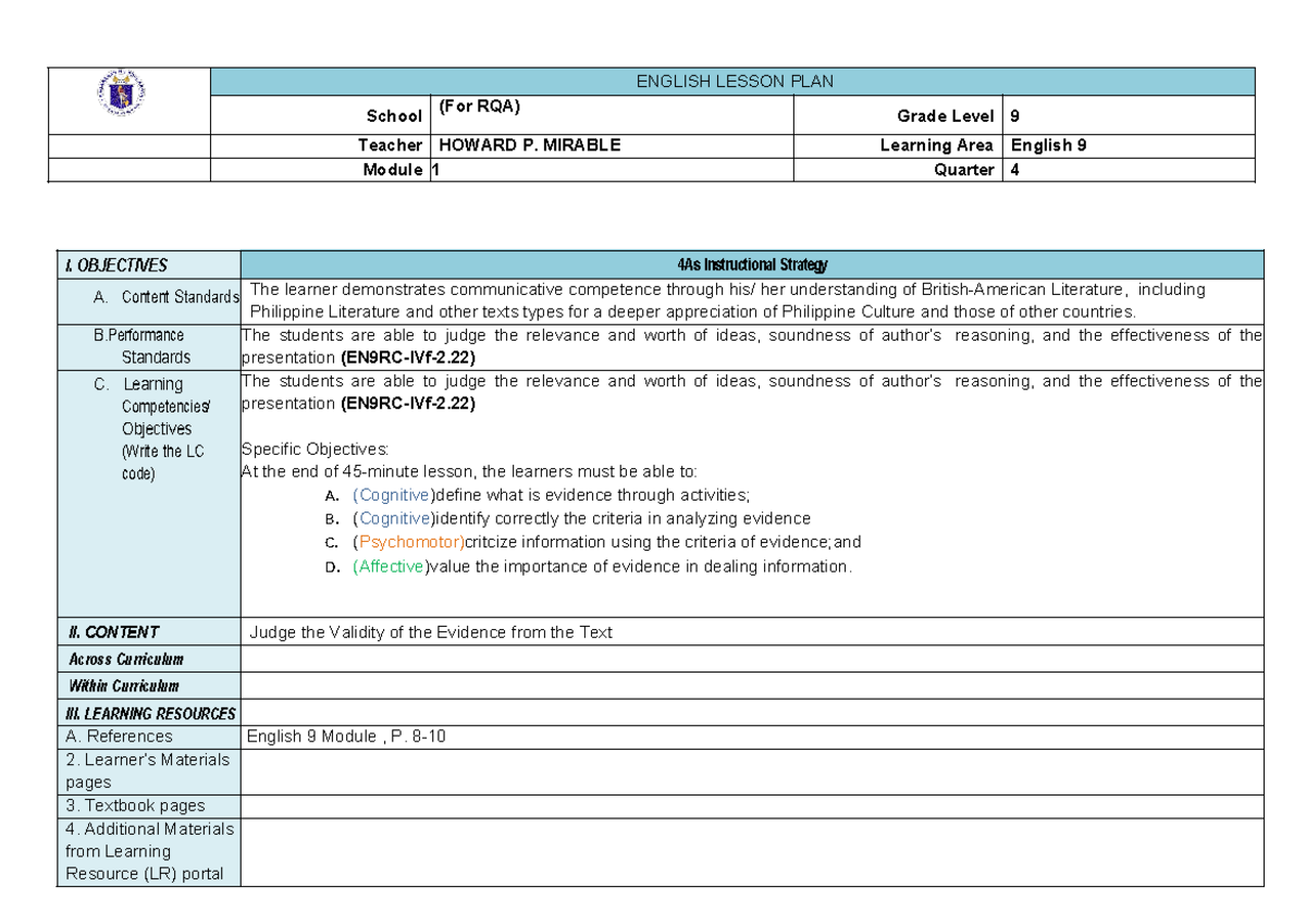 RQA lp - ENGLISH LESSON PLAN School (For RQA) Grade Level 9 Teacher ...