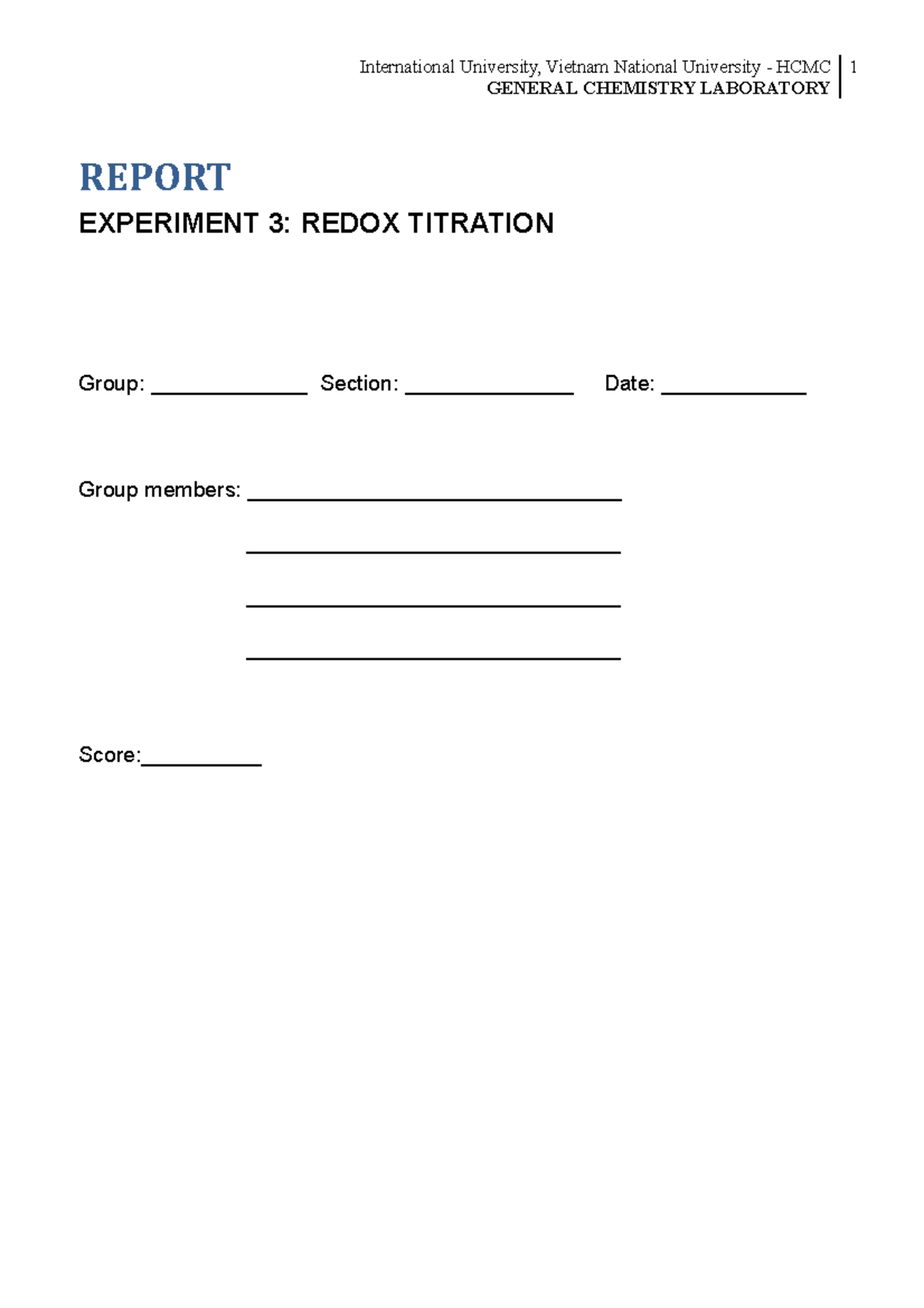 Report Expt. 3-Redox Tirtration with KMn O4 - GENERAL CHEMISTRY ...