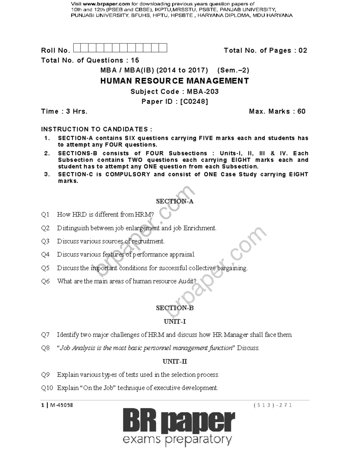 HRM Question Paper - 1 | Roll No No. of Questions : 15Time : 3 Hrs ...