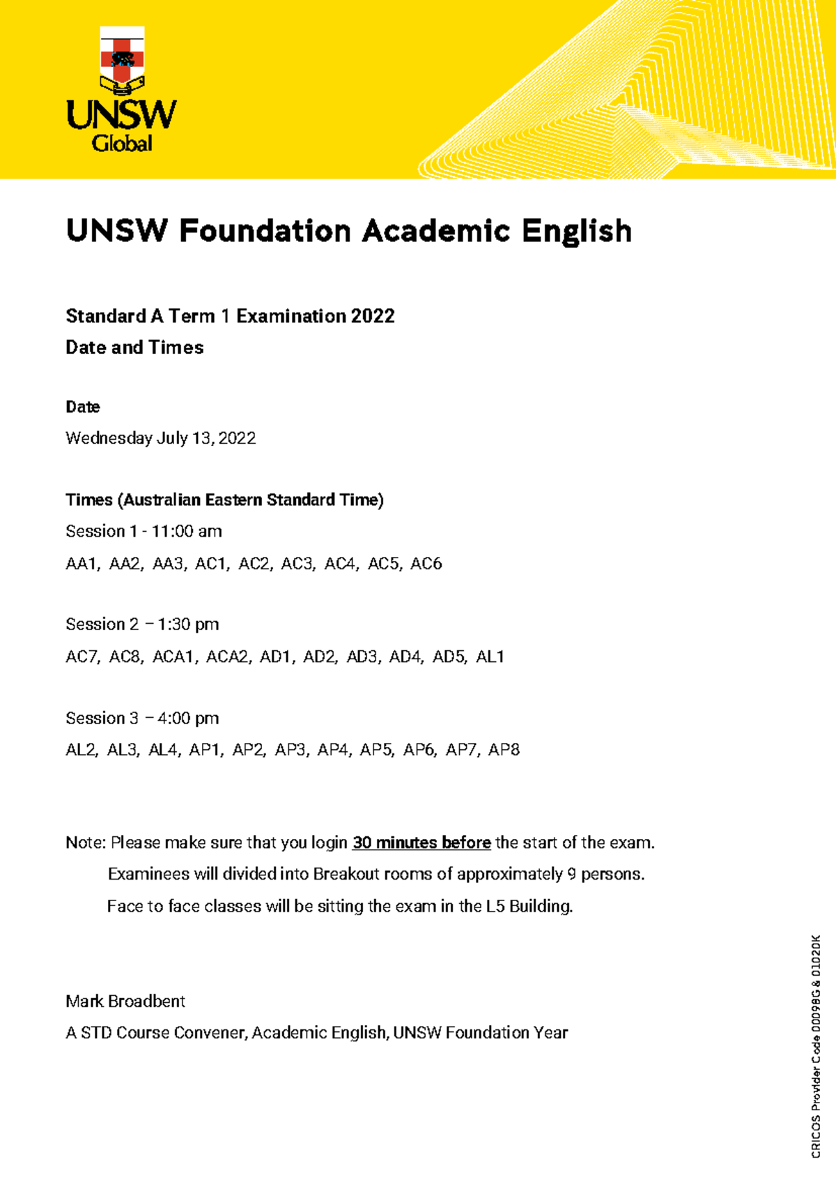 Term 1 STD A 2022 Exam Session Times PDF - CRICOS Provider Code 00098G ...