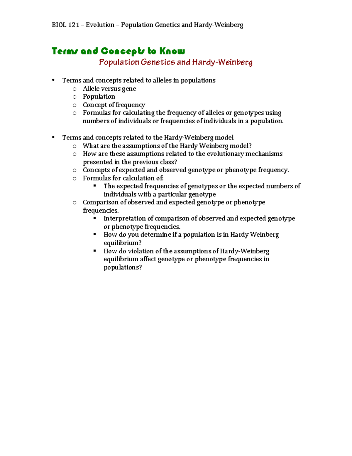 Terms and Concepts to Know - Pop Genetics and HW - BIOL 121 – Evolution ...