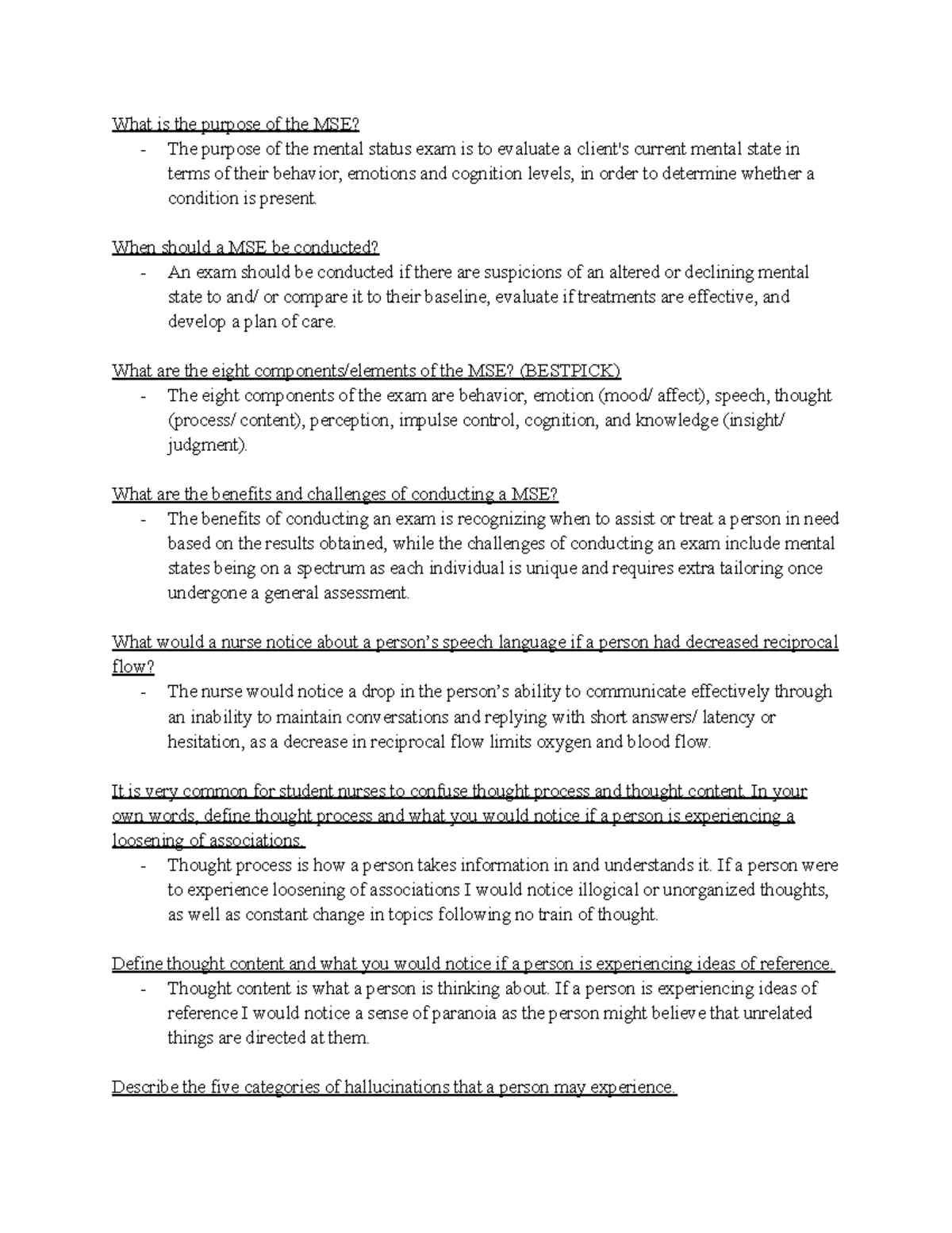 Mental health lab 2 - What is the purpose of the MSE? - The purpose of ...