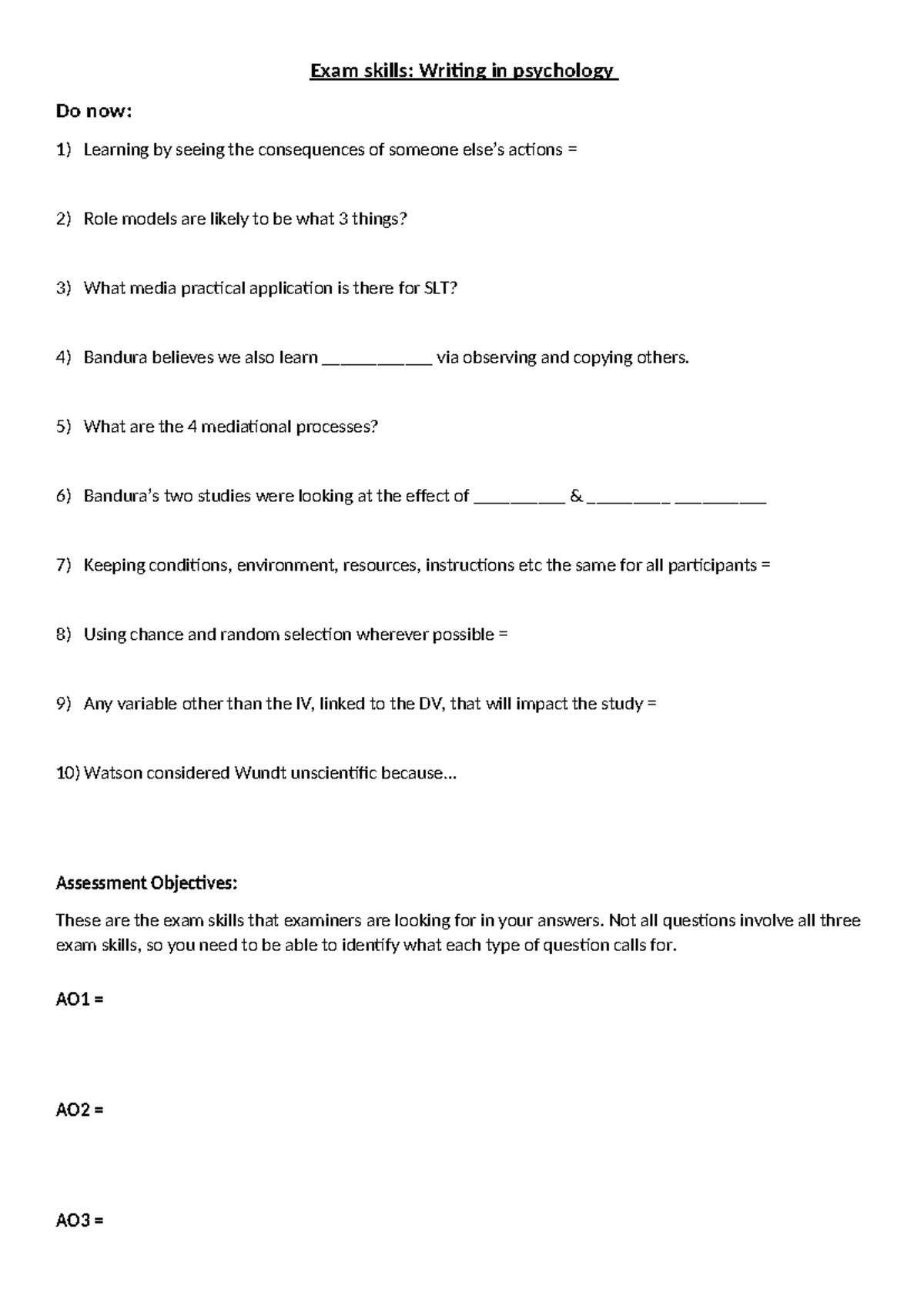 Exam skills work pack copy - Exam skills: Writing in psychology Do now ...