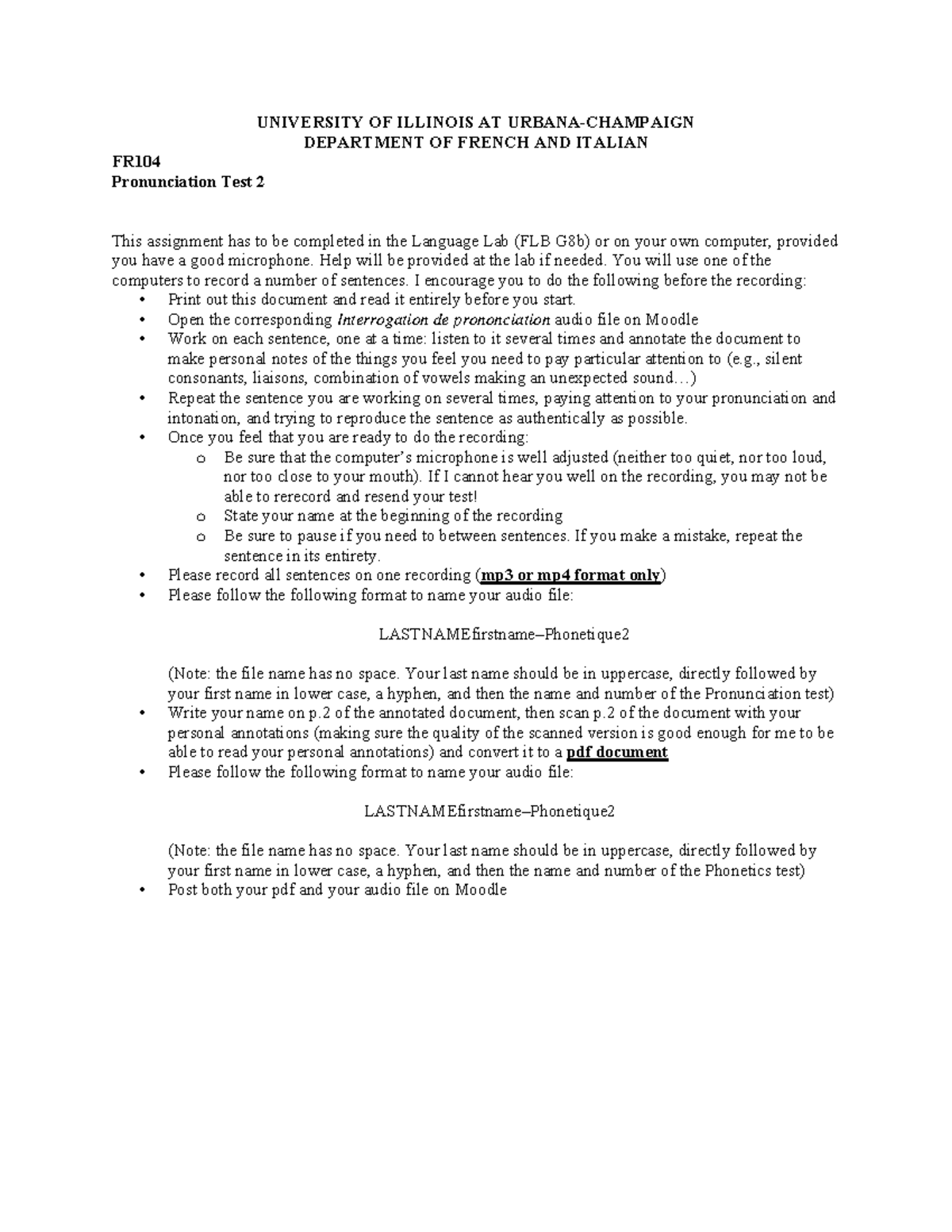 FR104 Pronunciation Test 2 - UNIVERSITY OF ILLINOIS AT URBANA-CHAMPAIGN ...