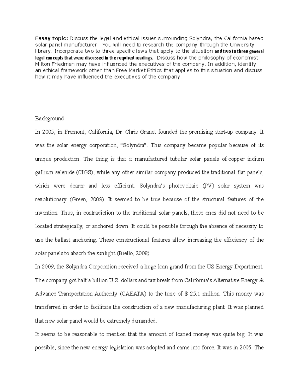 Week 7 Essay - Essay topic:solar panel manufacturer. Discuss the legal ...