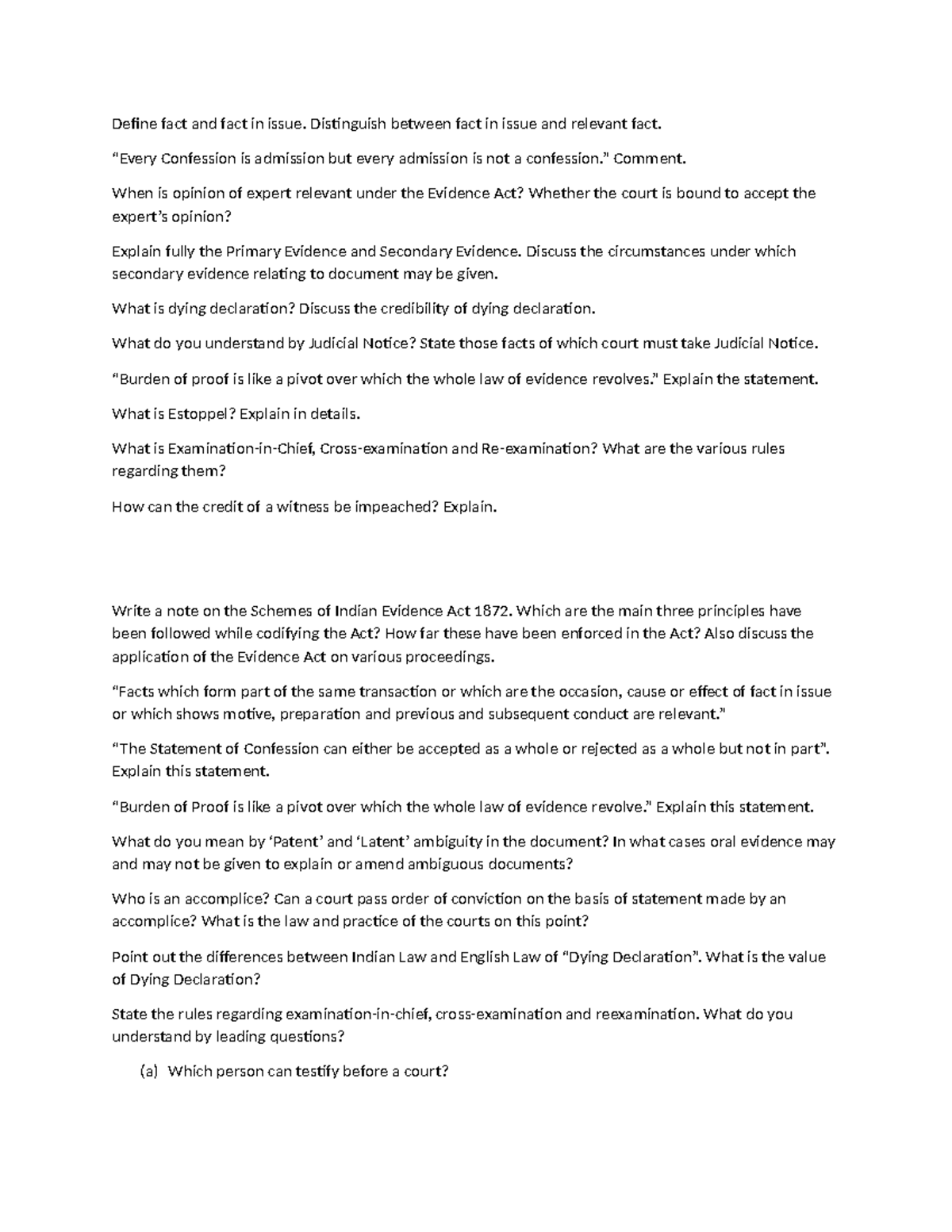 Evidence - Questions - Define fact and fact in issue. Distinguish ...