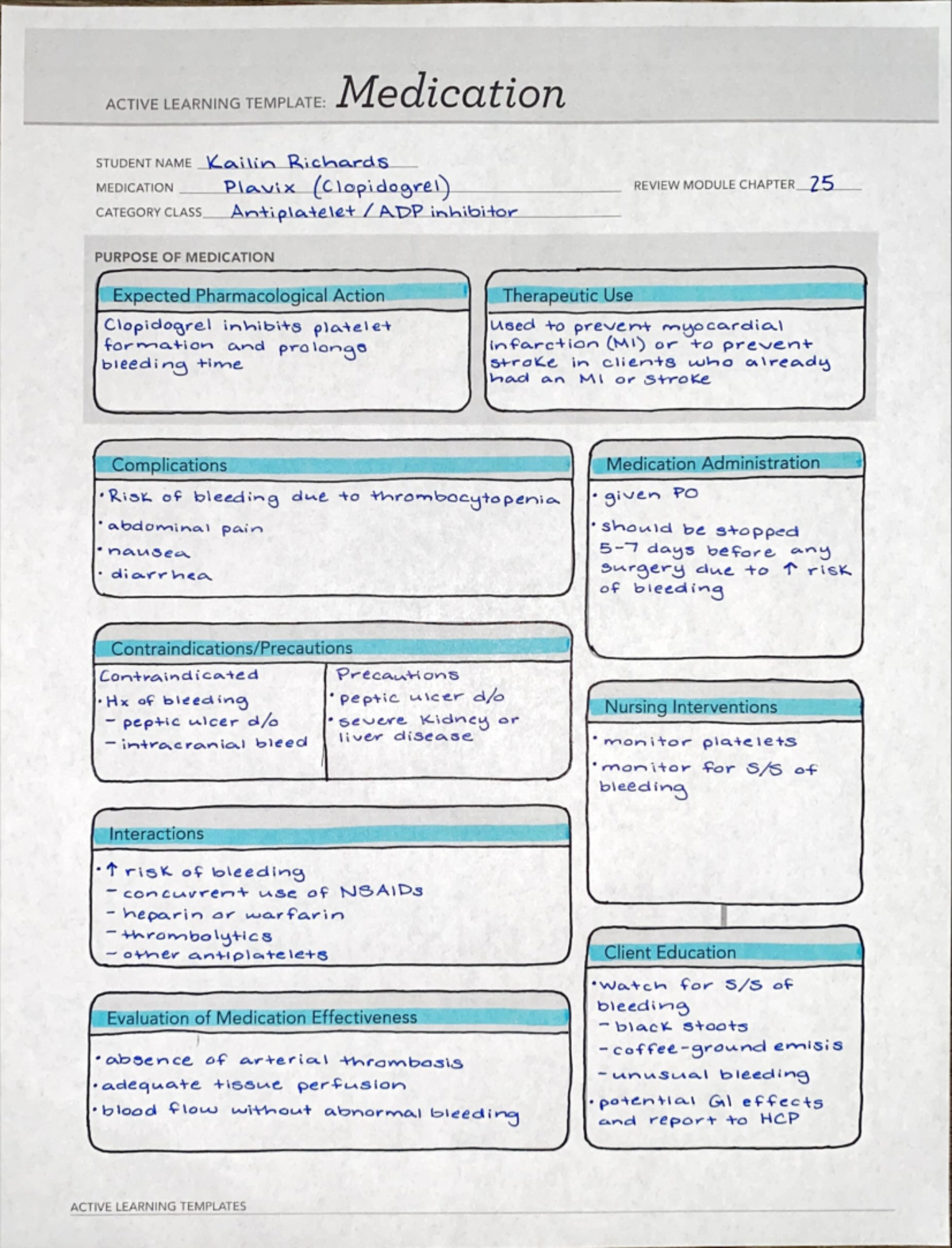 ATI Medication Active Learning Template - Plavix - NUR 425 - Studocu