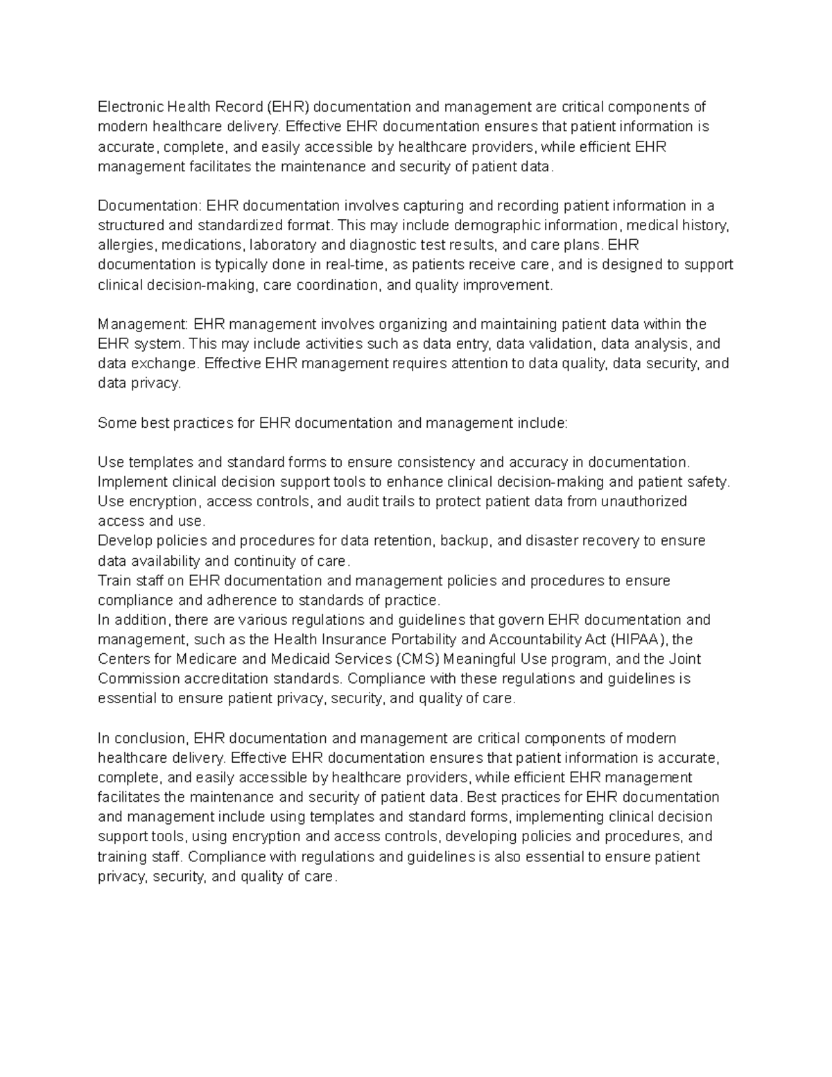 EHR Documentation and Management Notes - Electronic Health Record (EHR ...