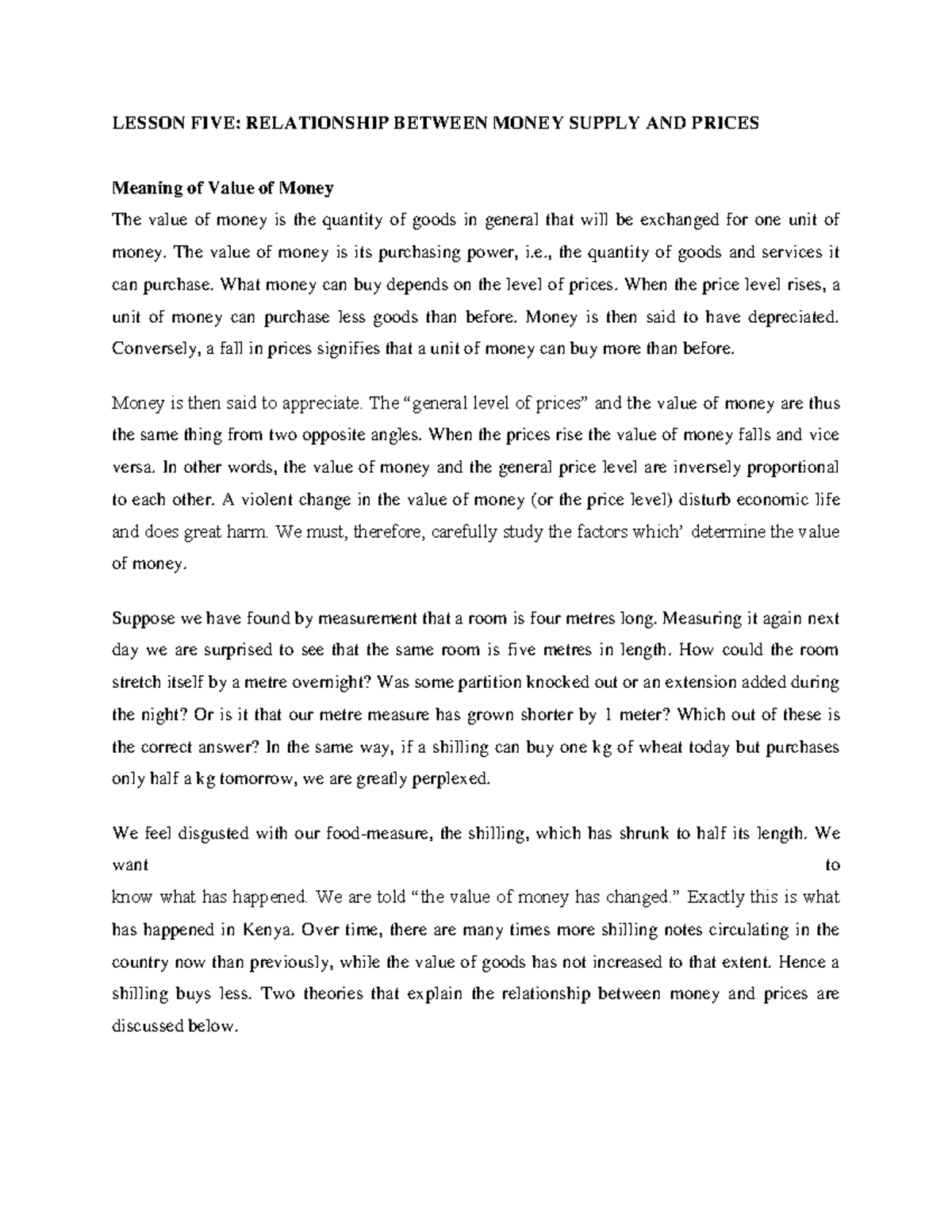 Lesson FIVE Relationship Between Money Supply AND Prices - LESSON FIVE ...