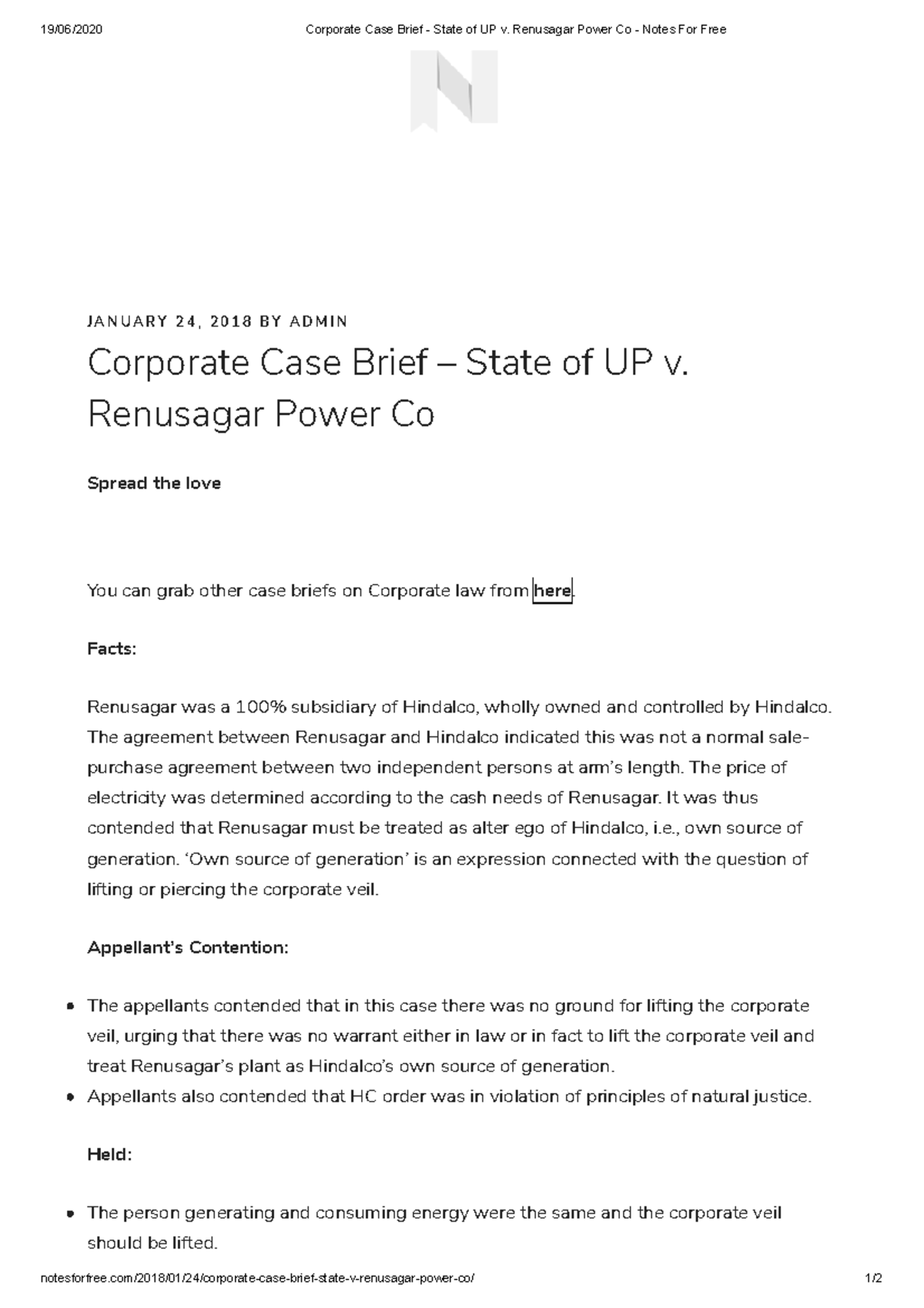 4 Corporate Case Brief - State of UP v. Renusagar Power Co - Notes For ...