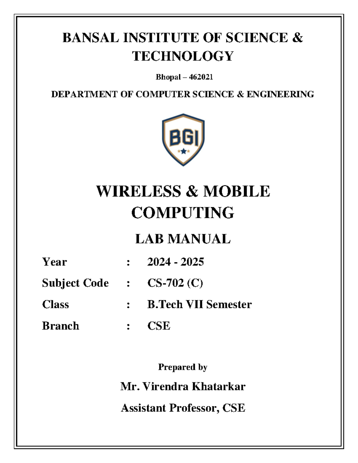 WMC LAB Manual - BANSAL INSTITUTE OF SCIENCE & TECHNOLOGY Bhopal – 462021 DEPARTMENT OF COMPUTER ...