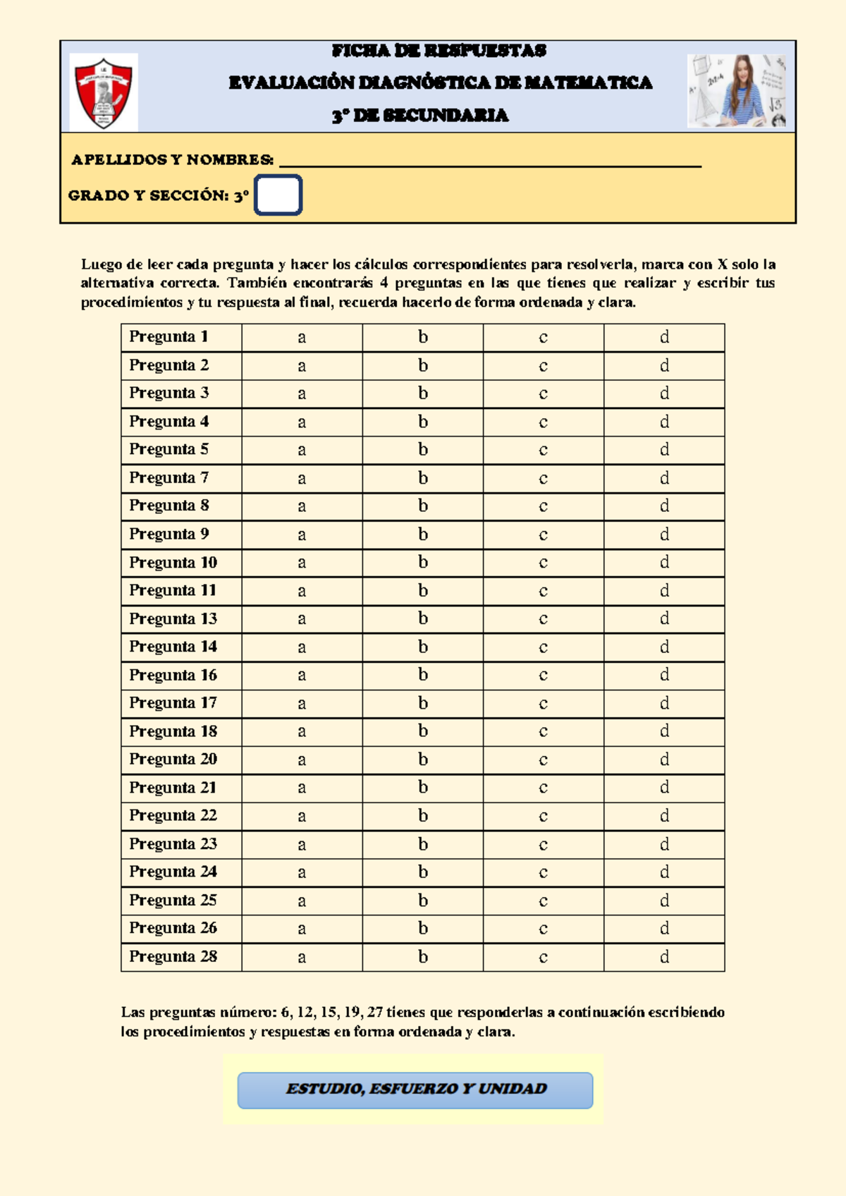 3° Matem. Ficha DE Respuestas - FICHA DE RESPUESTAS EVALUACIÓN DIAGNÓSTICA DE MATEMATICA 3 ° DE ...