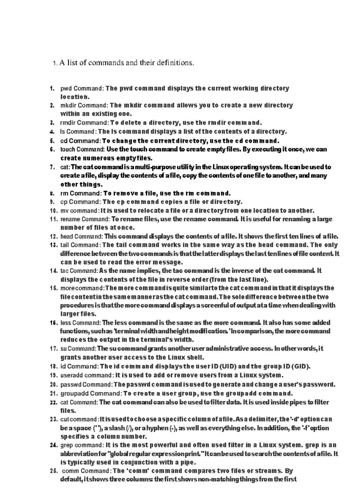 Pca1 Operating Systems Lab 62 1 A List Of Commands And Their Definitions 1 Pwd Command The