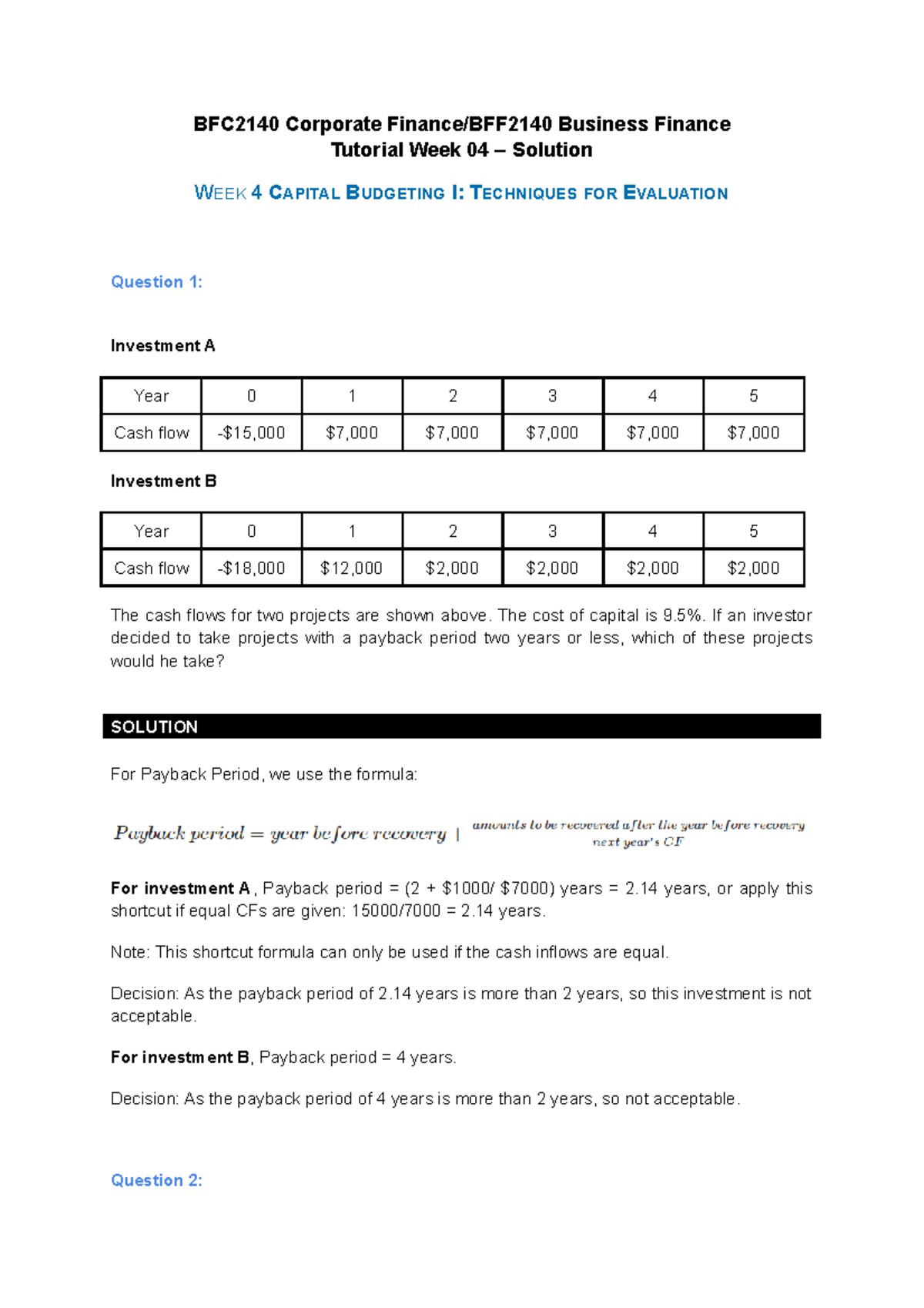 Week 4 Tutorial Worksheet Solutions - BFC2140 Corporate Finance/BFF2140 Business Finance ...