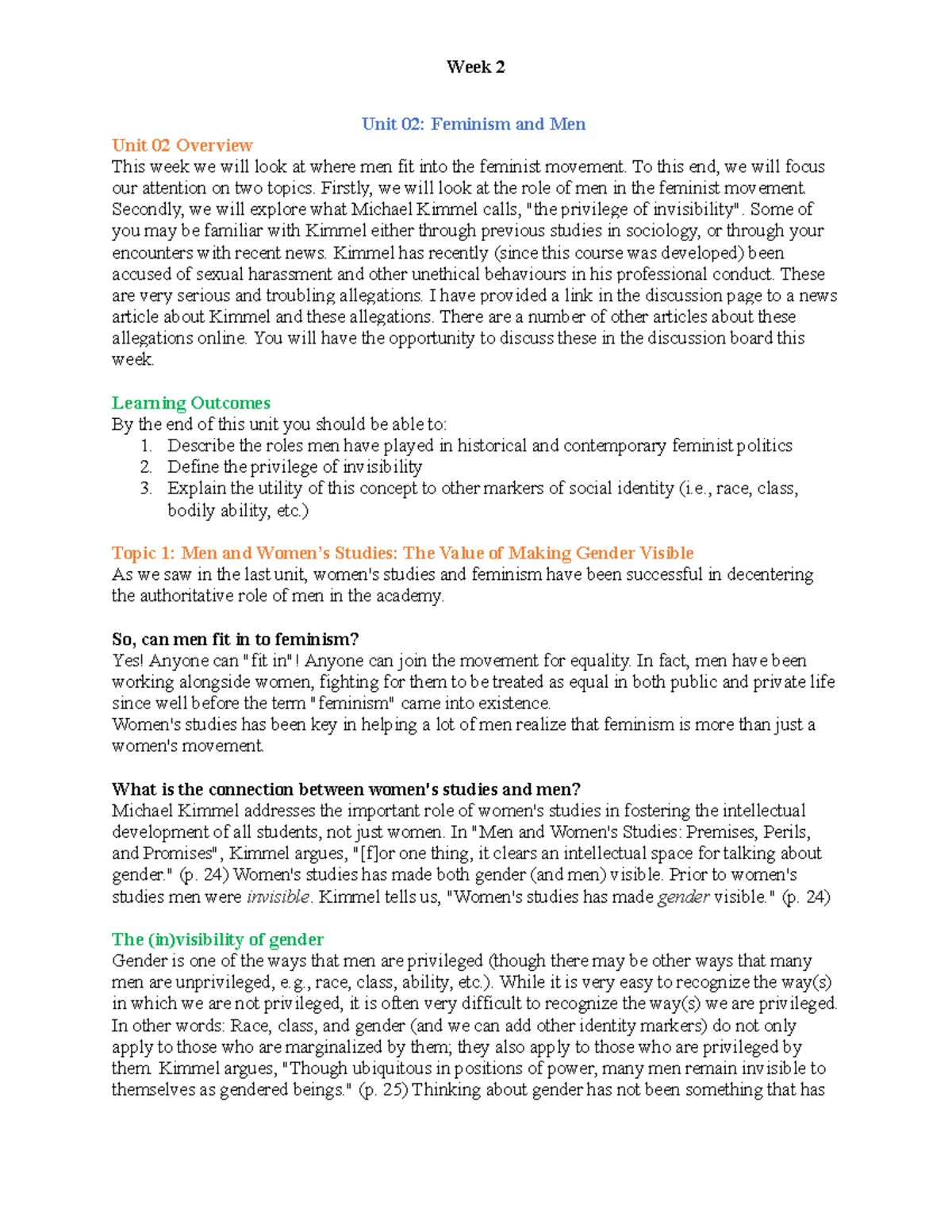 WMST 1000 - Week 02 - Covers unit content and readings from unit 02 ...